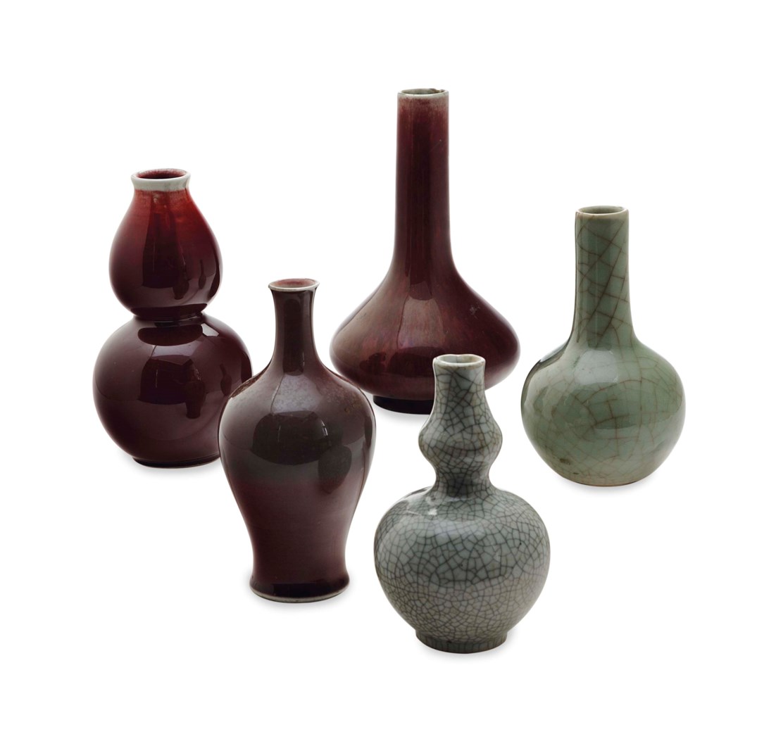 THREE CHINESE COPPER-RED GLAZED VASES, AND TWO CRACKLE-GLAZED VASES ...