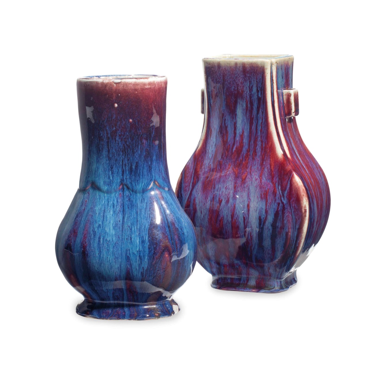 TWO CHINESE FLAMBE GLAZED VASES,