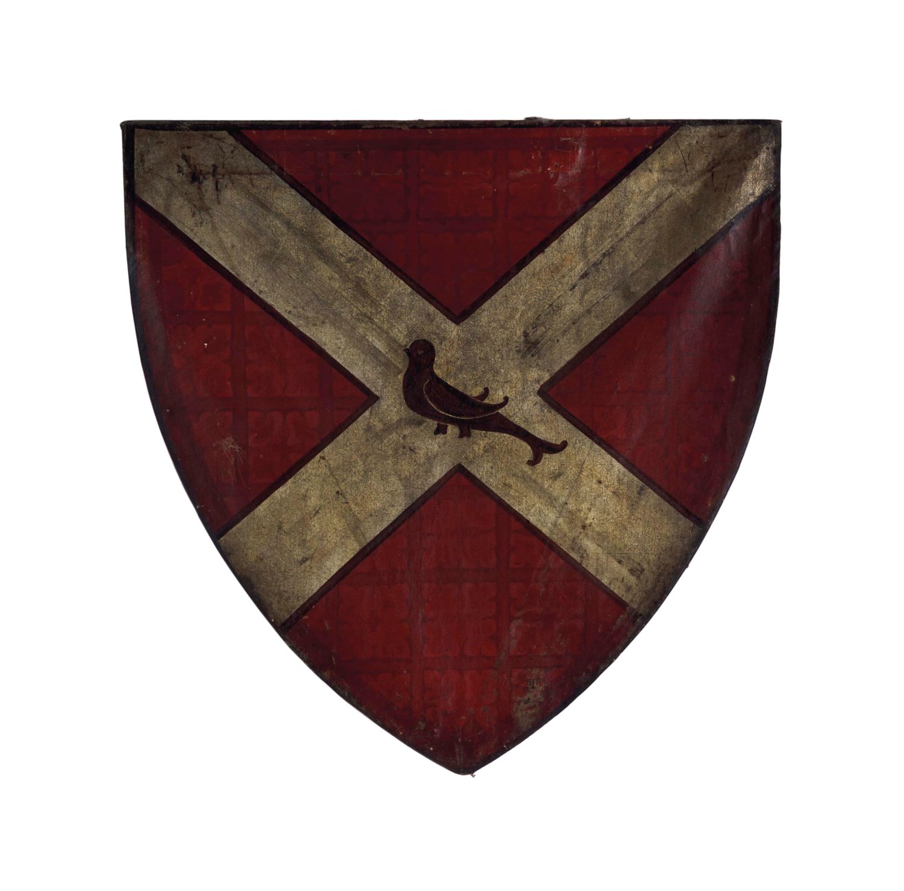 TWO POLYCHROME-PAINTED CANVAS ARMORIAL SHIELD-FORM PANELS,