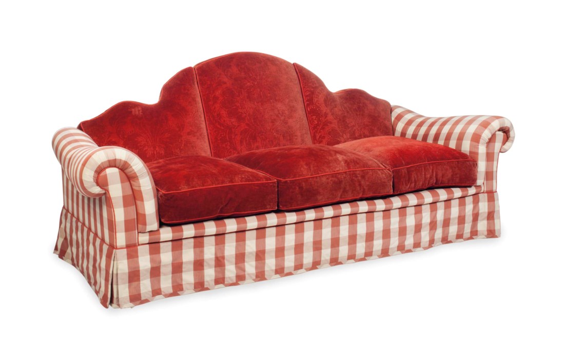 A CONTEMPORARY THREE-SEAT SOFA COVERED IN RED PLUSH AND CREAM AND RED ...