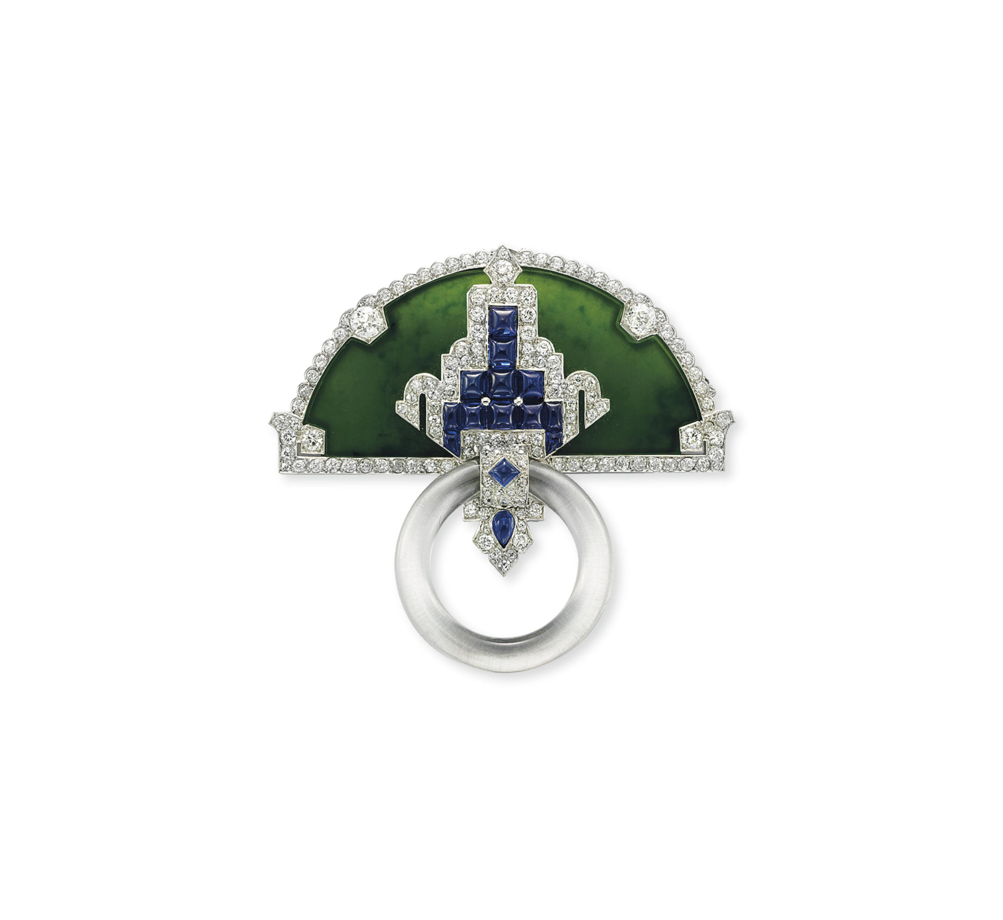 AN ART DECO JADE, DIAMOND, SAPPHIRE AND ROCK CRYSTAL BROOCH, BY CARTIER