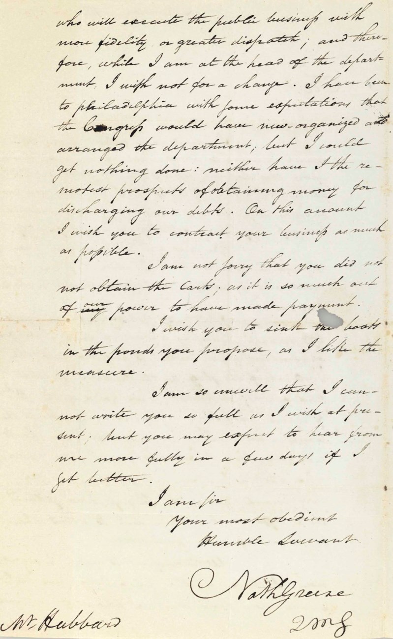 GREENE, Nathanael. Letter signed (“Nath Greene”), as Quartermaster ...