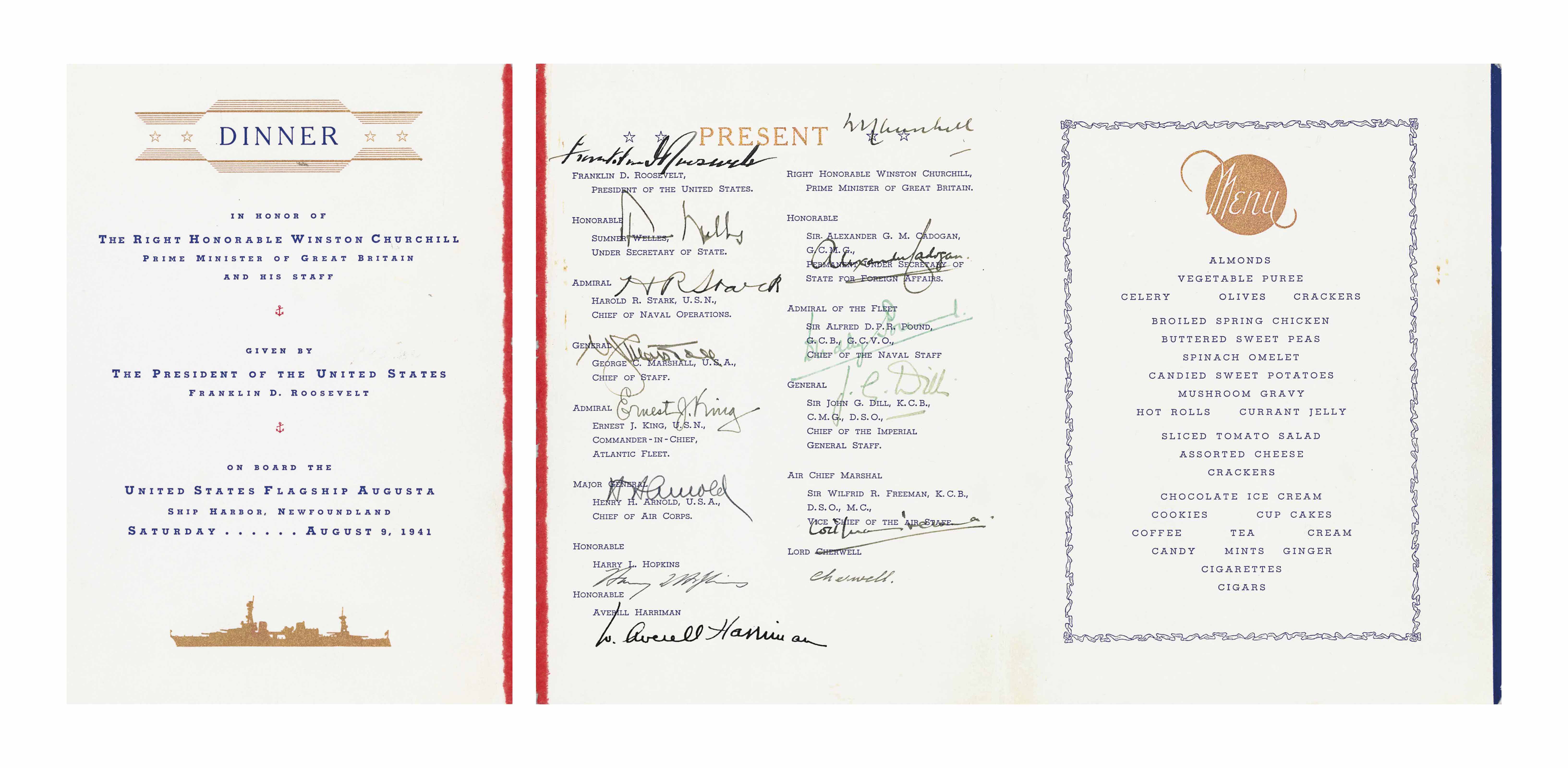 ROOSEVELT, Franklin D. and CHURCHILL, Winston S., et al. Printed menu ...