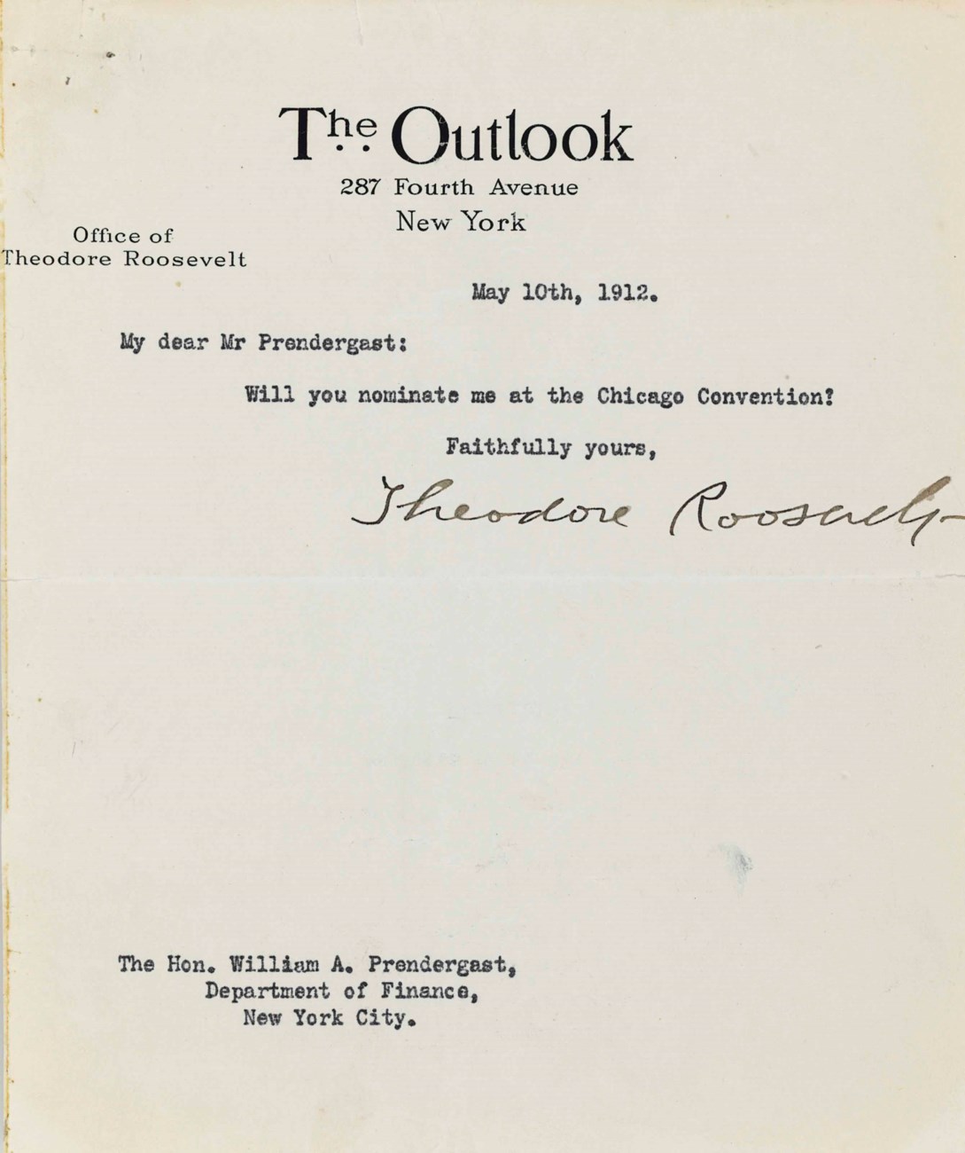 ROOSEVELT, Theodore. Typed letter signed (“Theodore Roosevelt”), as ...