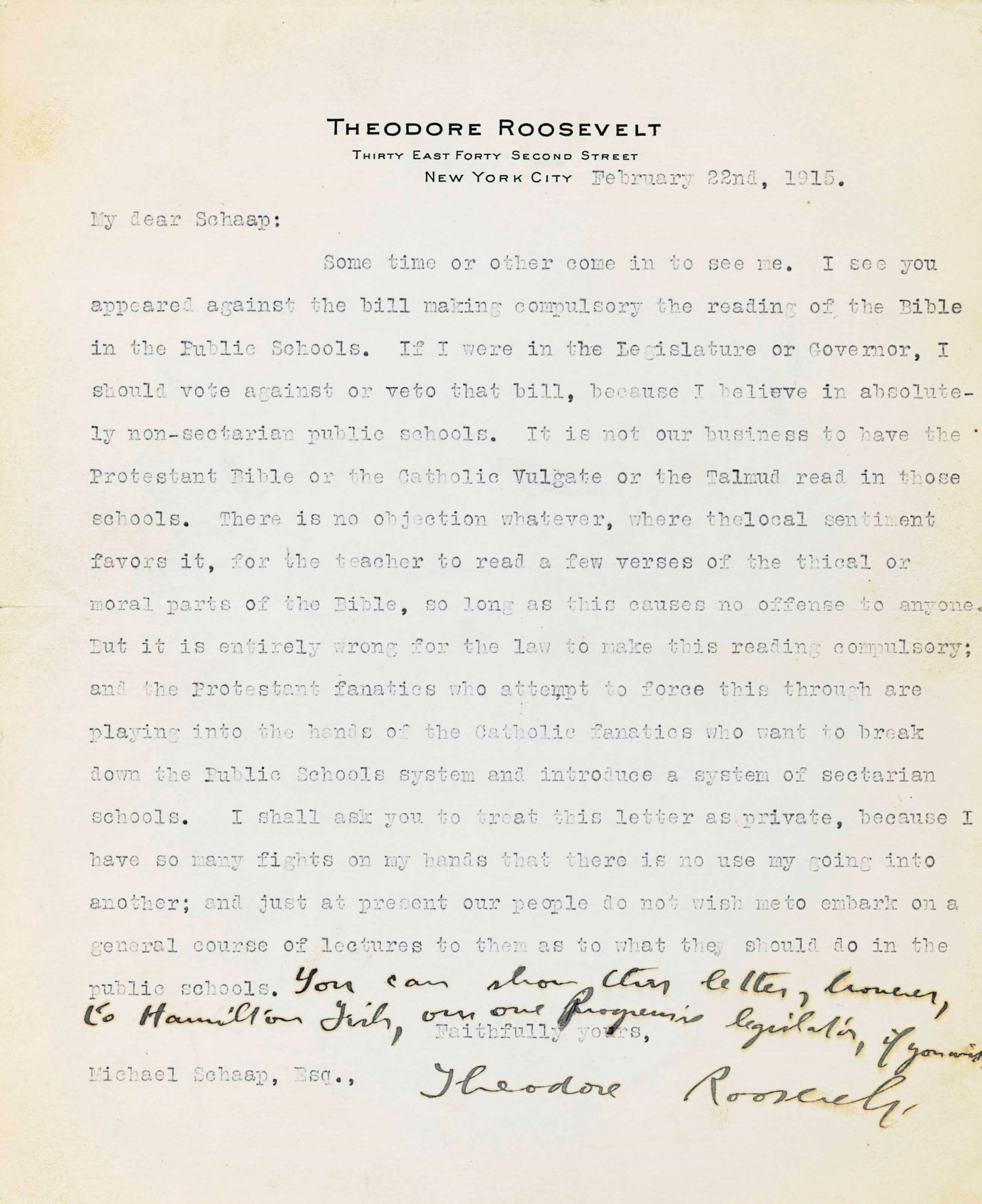 ROOSEVELT, Theodore. Typed letter signed (“Theodore Roosevelt”), to ...