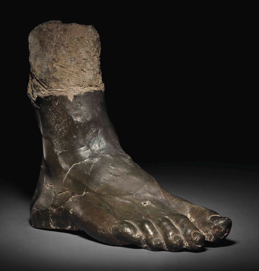 A LARGE ROMAN BRONZE RIGHT FOOT
