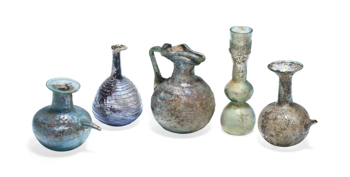 FIVE ROMAN GLASS VESSELS