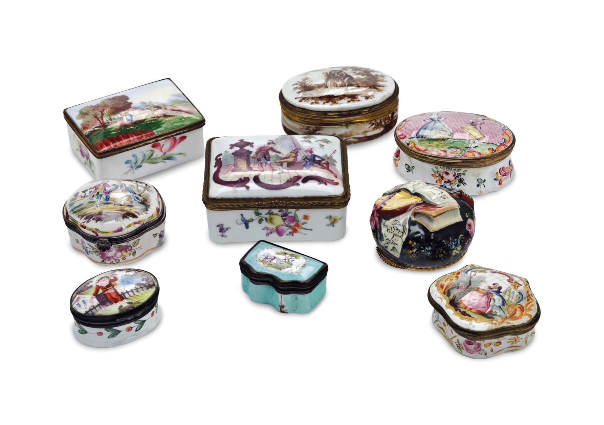 SIX ENGLISH AND ENAMEL BOXES AND THREE PORCELAIN BOXES,