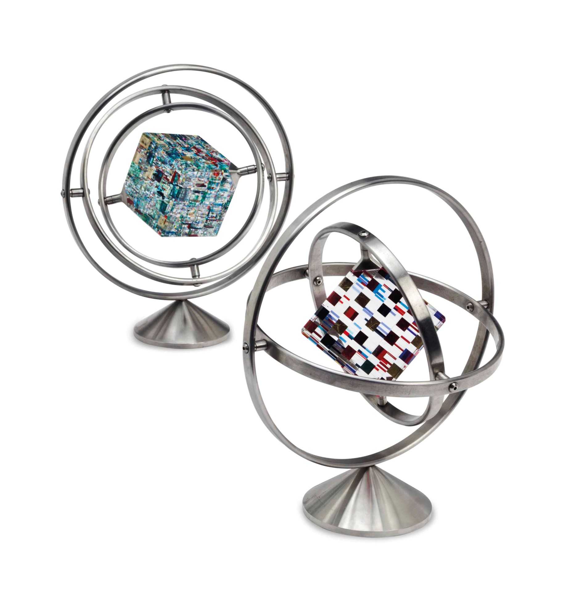 TWO AMERICAN GLASS GYROSCOPE SCULPTURES,, SIGNED FOR JON KUHN, 2000 ...