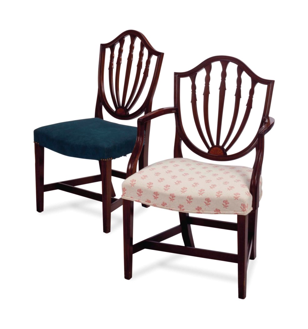 A SET OF EIGHT INLAID MAHOGANY SHIELD BACK DINING CHAIRS,, 20TH CENTURY ...