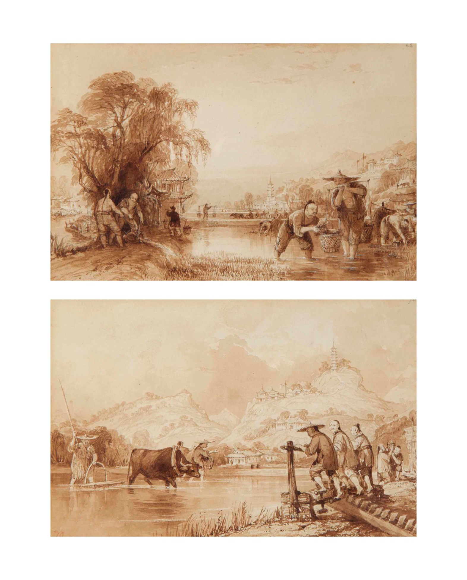 THOMAS ALLOM (BRITISH, 1804-1872) , Transplanting rice; and Sowing at ...