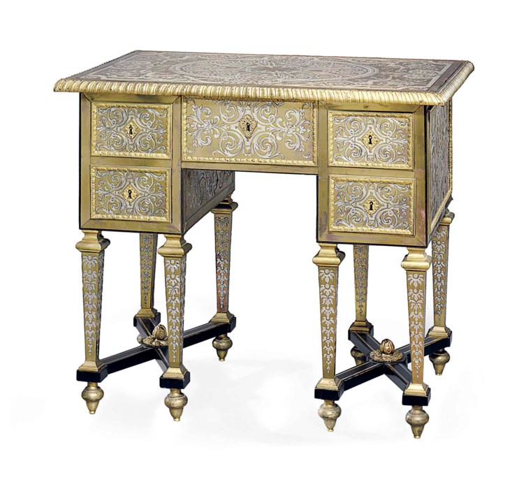 A LOUIS XIV ORMOLU-MOUNTED BRASS, EBONY AND PEWTER-INLAID BUREAU ...