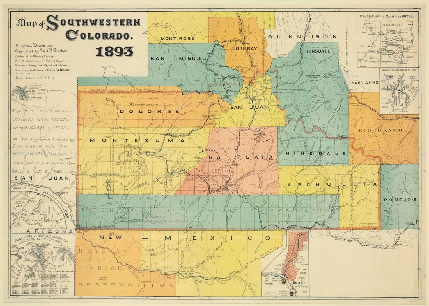 FISCHER, Emil B. Map of Southwestern Colorado. 1893. Compiled, Drawn ...