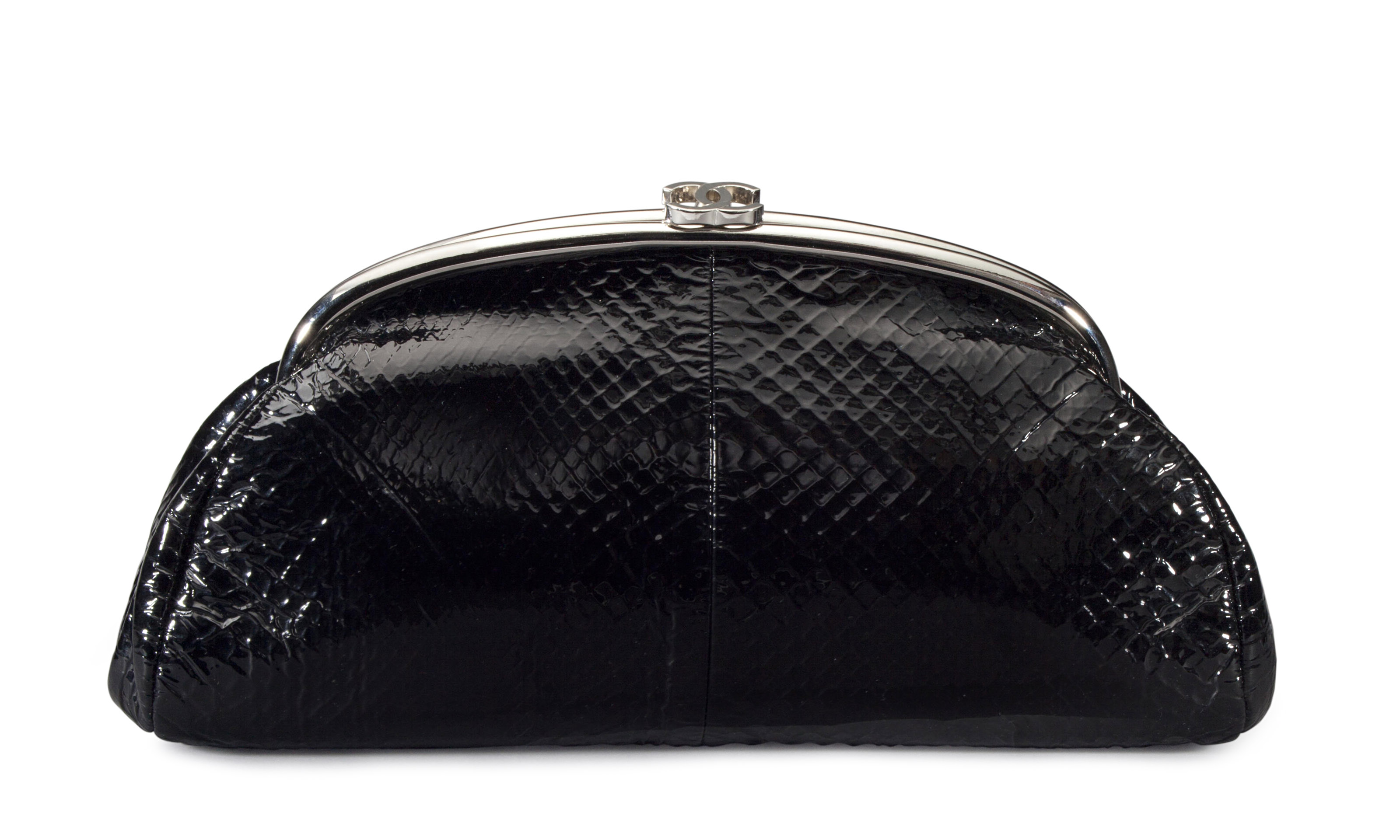 A BLACK PATENT LEATHER STAMPED PYTHON TIMELESS CLUTCH BAG, CHANEL, 2008 ...