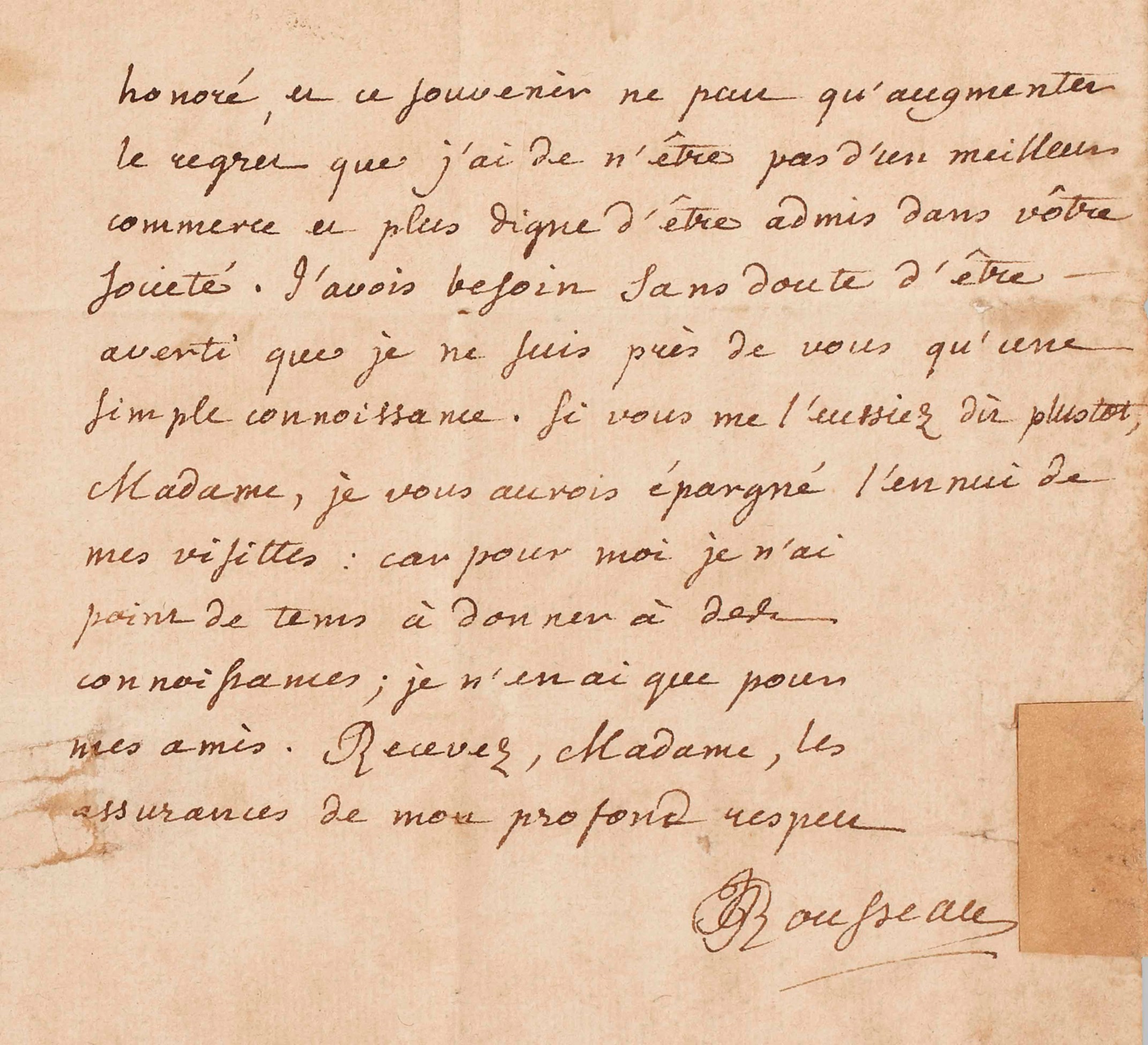 Jean-Jacques ROUSSEAU (1712-1778). Lettre autographe signée "Rousseau ...