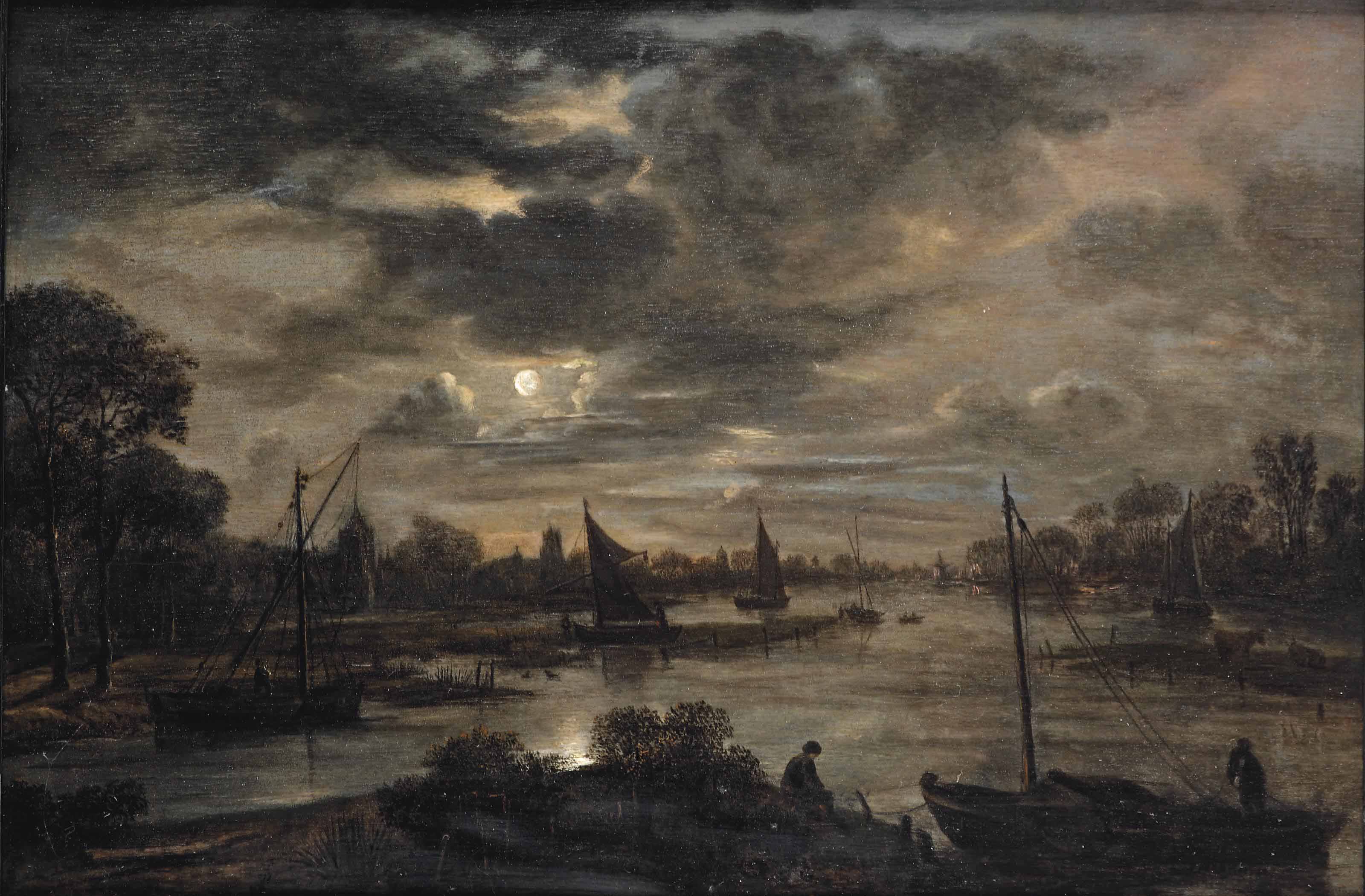 Aert van der Neer (Gorichem 1603-1677 Amsterdam) , A moonlit river ...