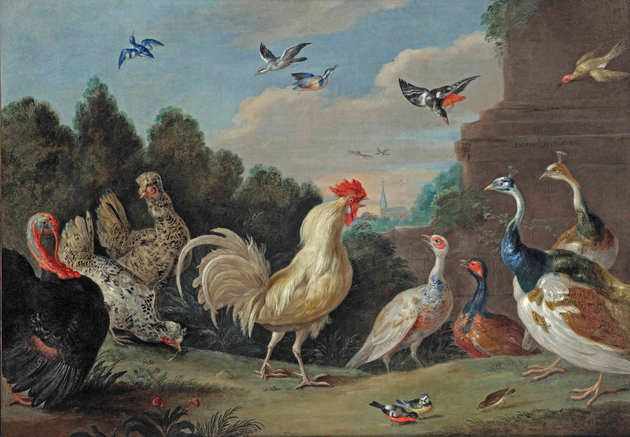 Jan van Kessel I (Antwerp 1626-1679), A cock, hens, a turkey, guinea ...
