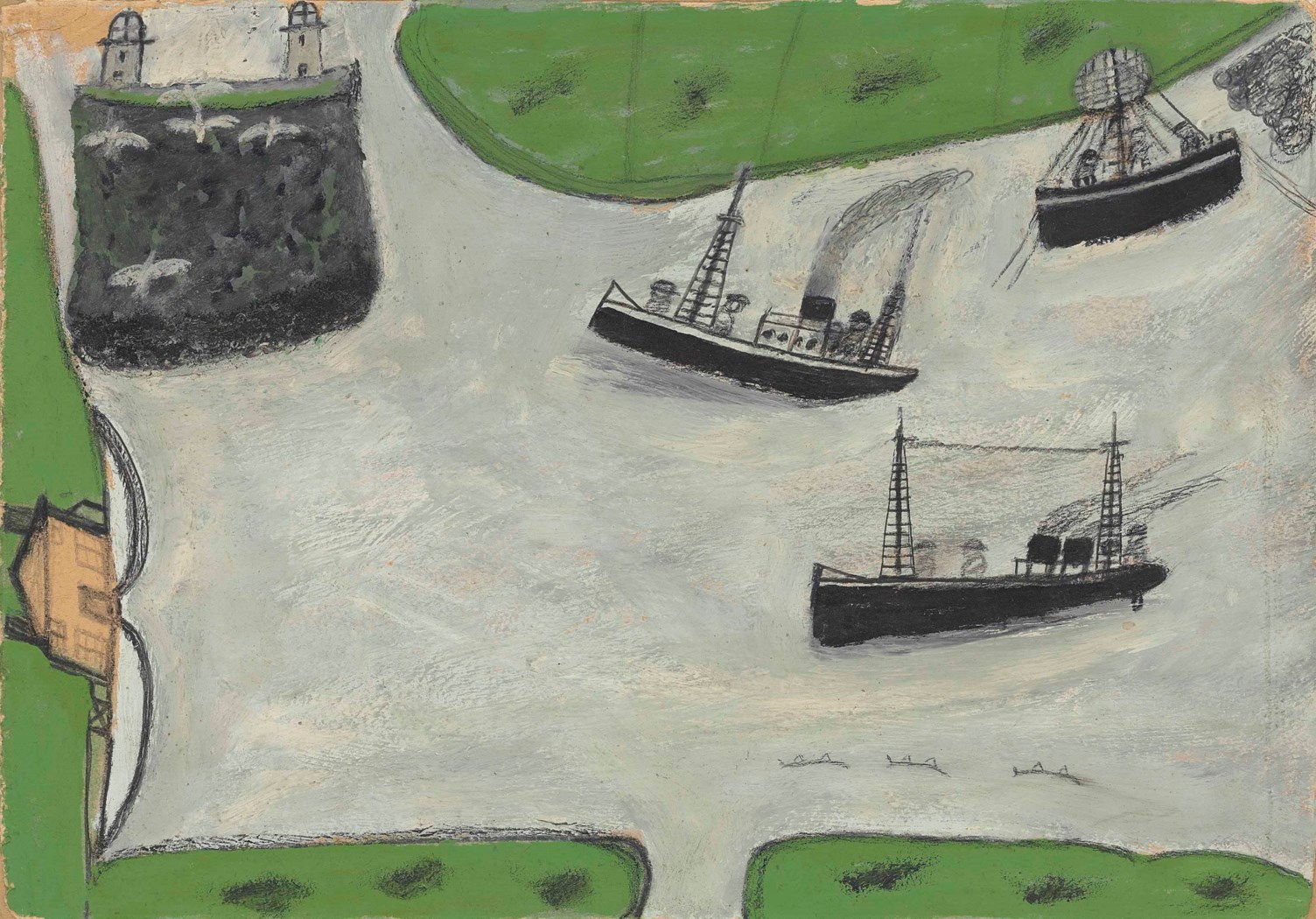 Alfred Wallis (1855-1942), Two steamers and lighthouses and estuary ...