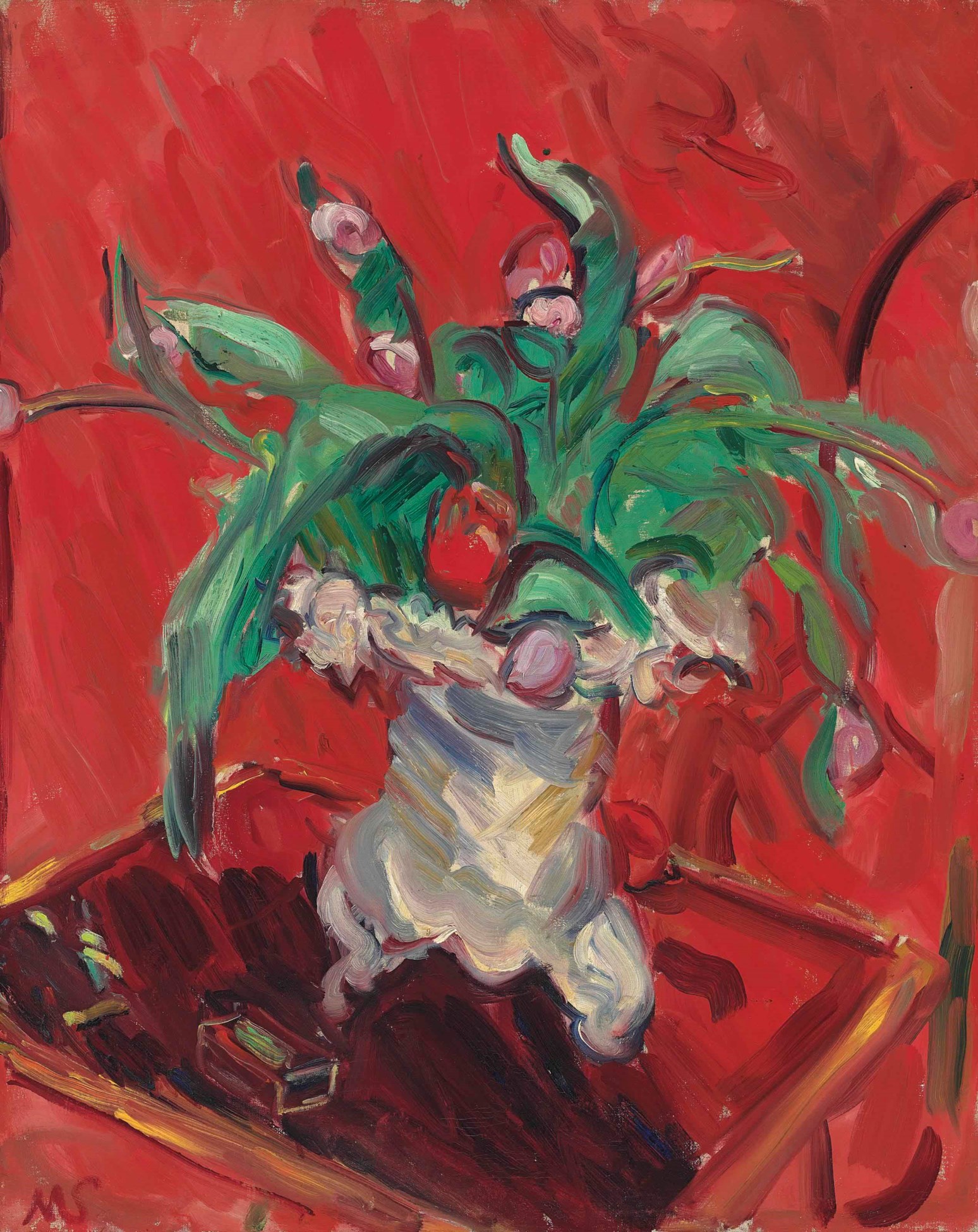 Sir Matthew Smith (1879-1959), Flowers in a jug, red background ...
