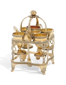 A GEORGE III SILVER-GILT EGG-CRUET, MARK OF JOHN EMES, THE SPOONS WITH ...