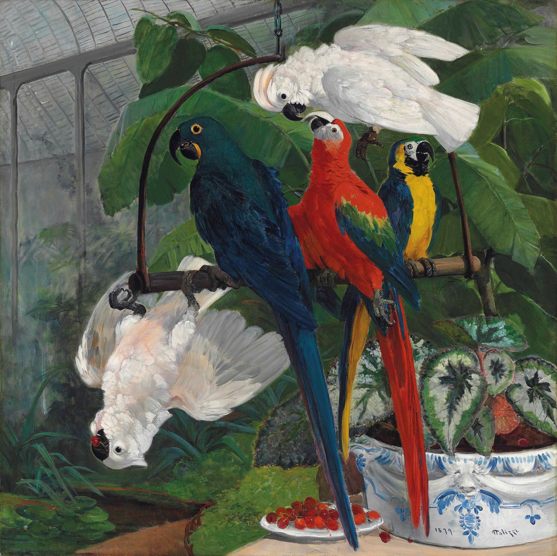 Filippo Palizzi (Italian, 1818-1899), Parrots in a tropical glasshouse ...
