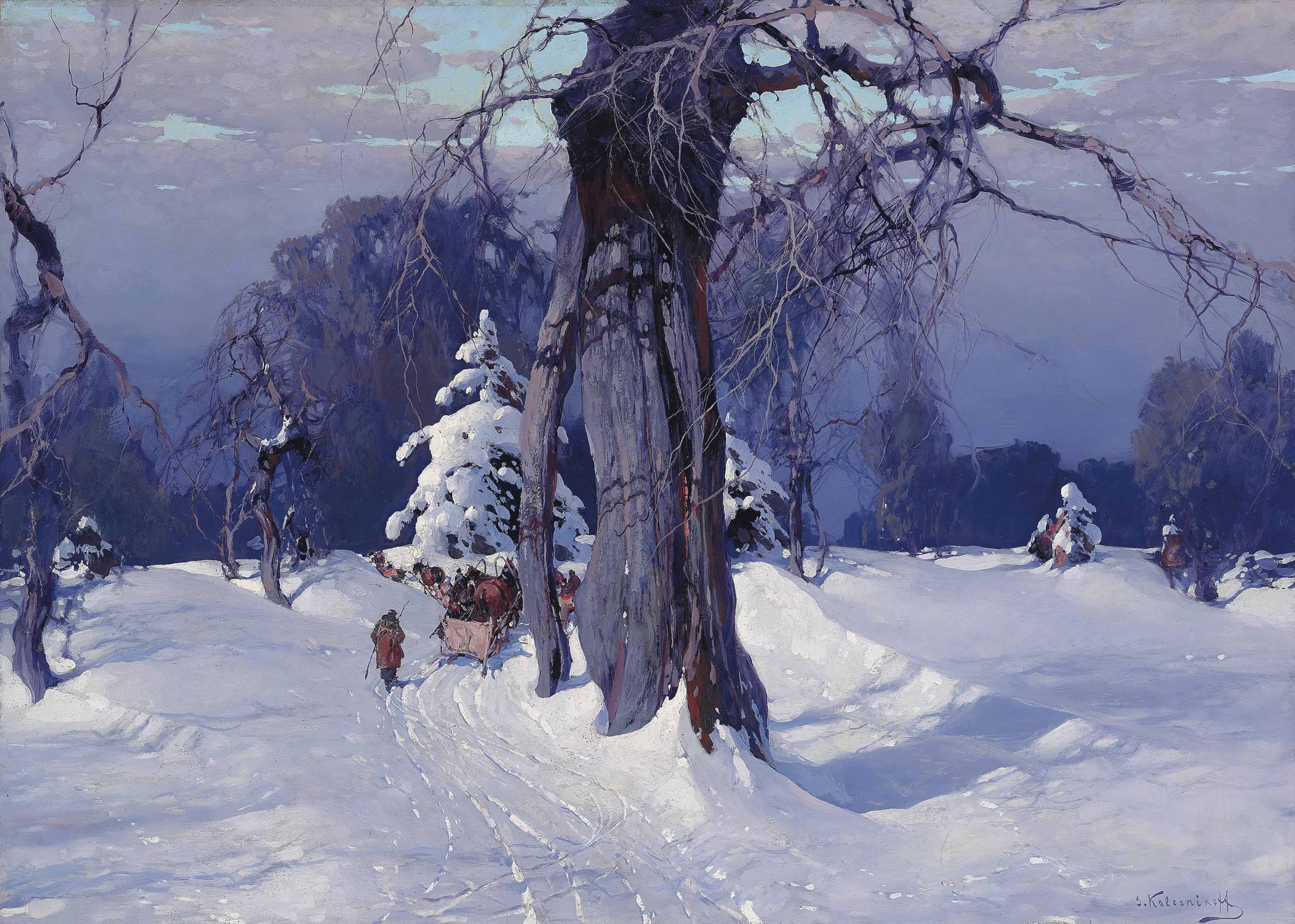 Stepan Kolesnikoff (1879-1955) , Through the snowy woods | Christie's