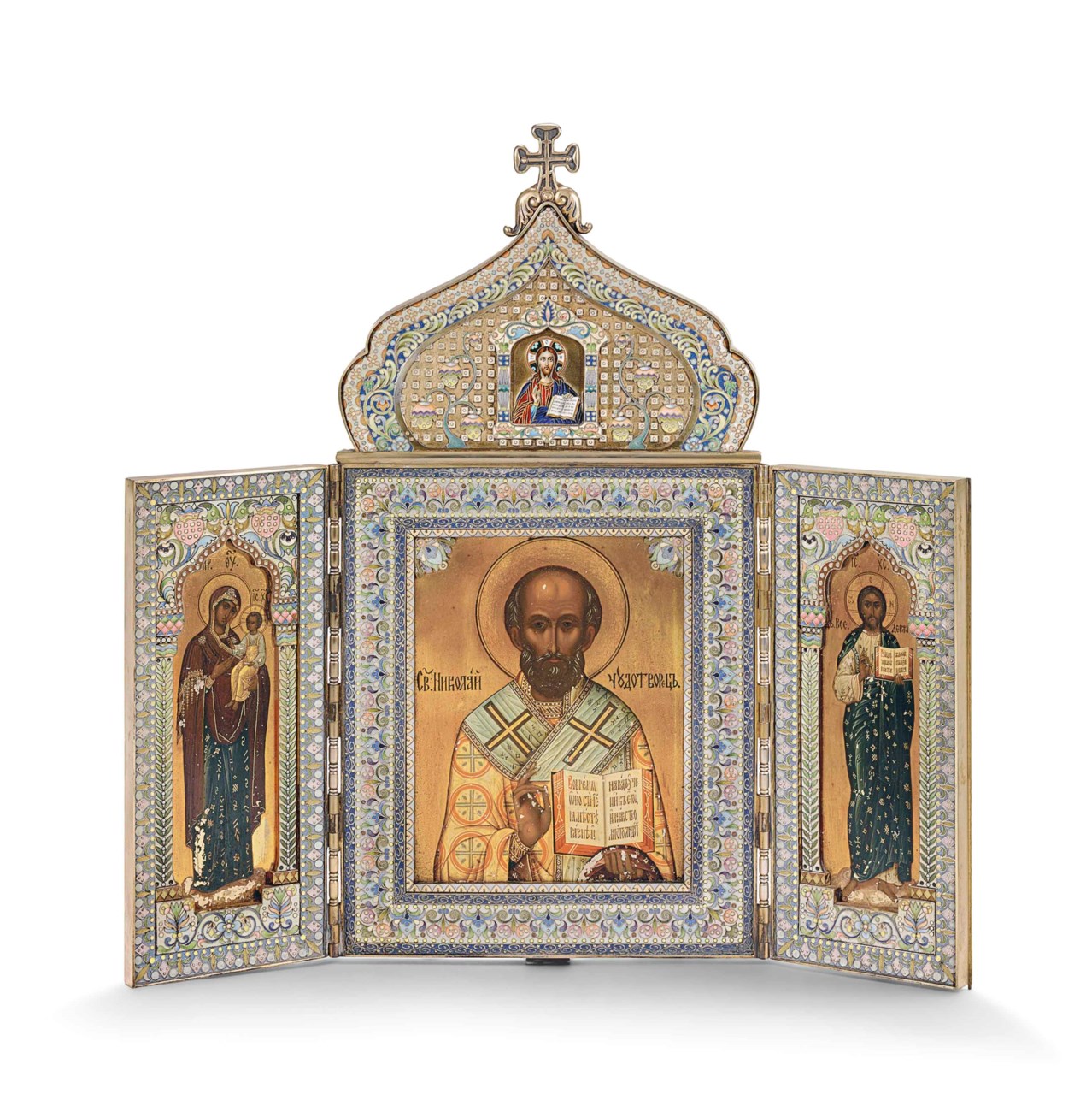 A LARGE AND IMPORTANT SILVER-GILT CLOISONNÉ, CHAMPLEVÉ AND EN PLEIN ENAMEL TRIPTYCH, MARKED P ...