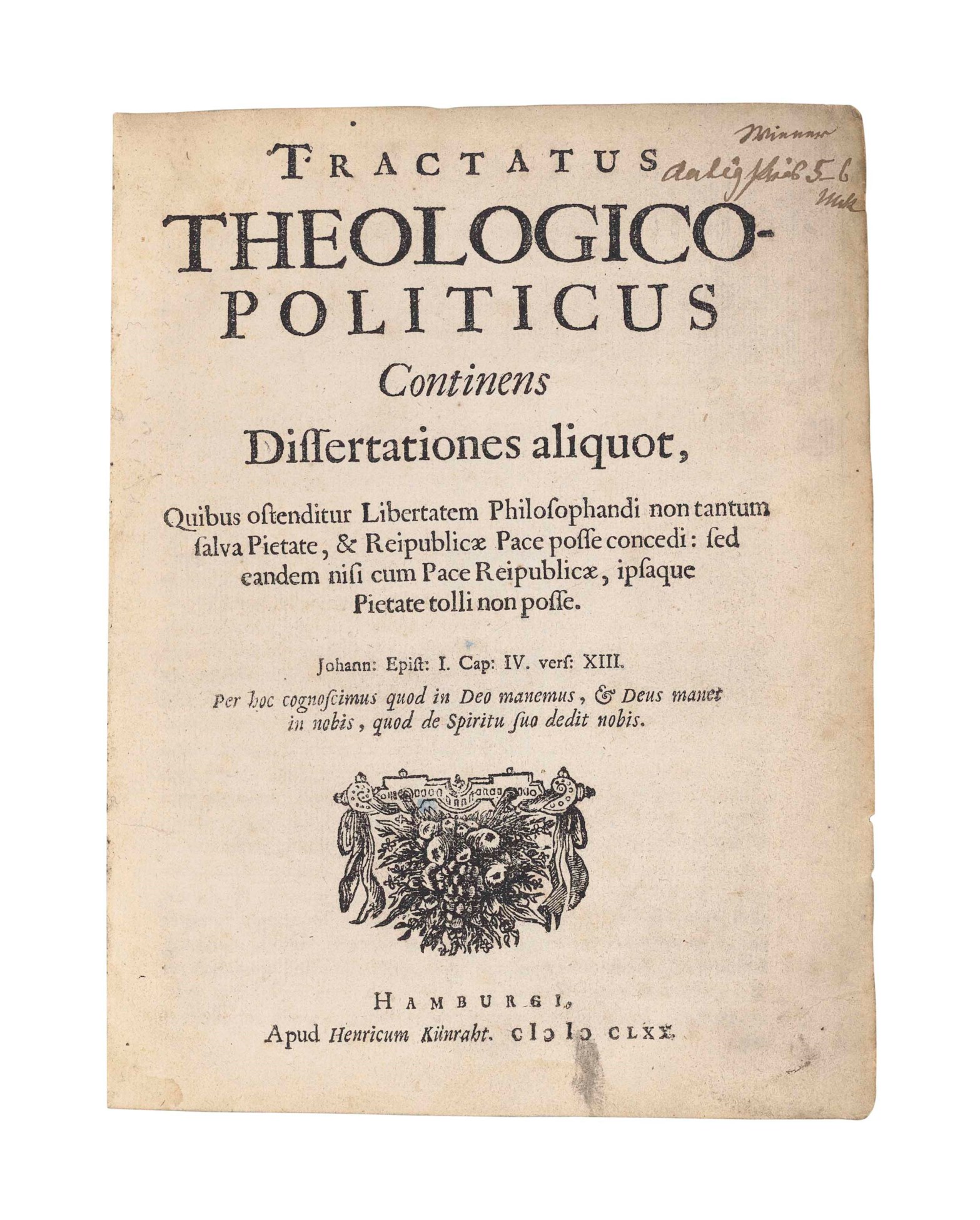 SPINOZA, Baruch (later Benedictus de, 1632-1677). Tractatus theologico-politicus. Hamburg ...