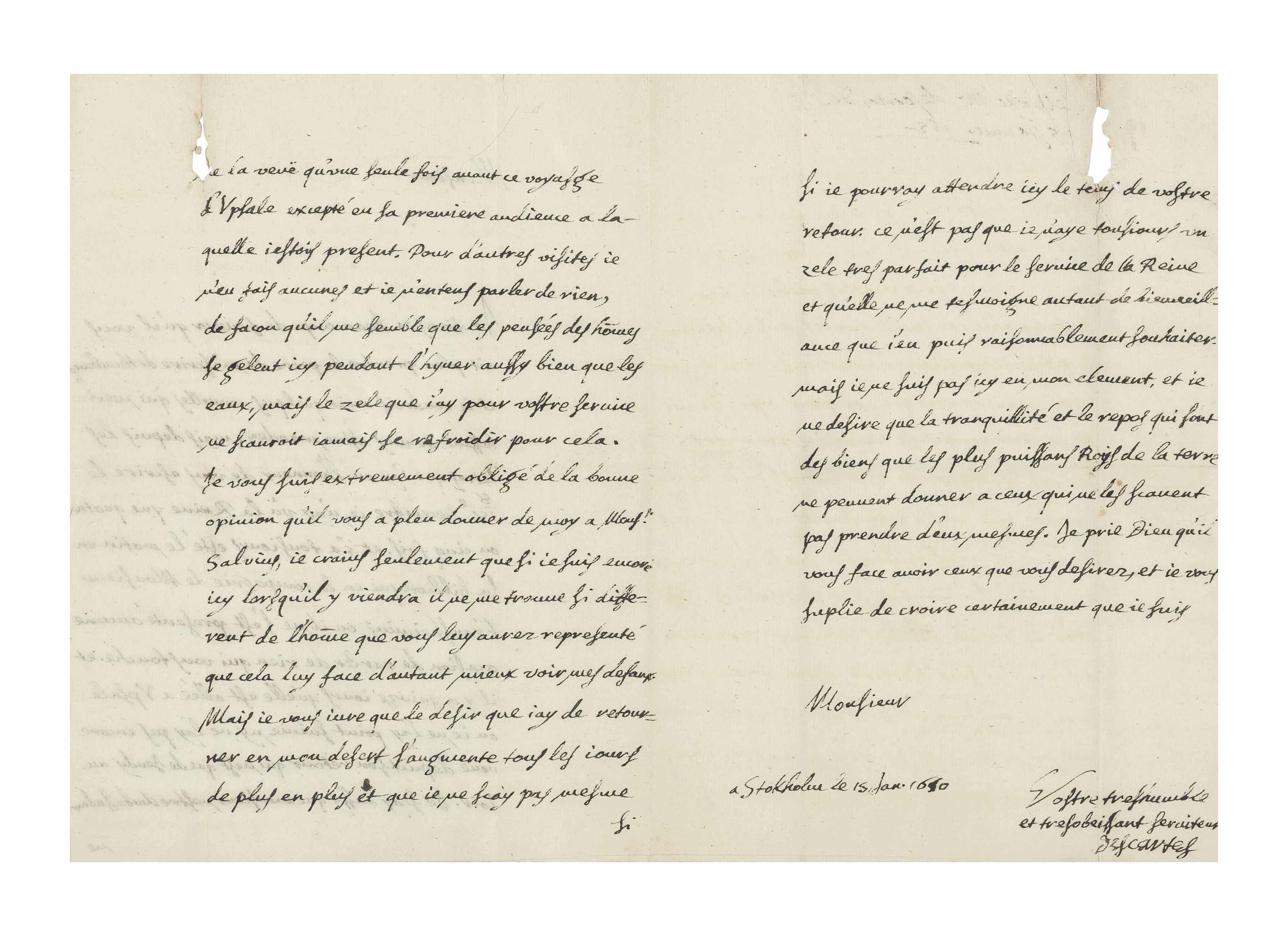 DESCARTES, René (1596-1650). Autograph letter signed (‘Descartes’) to ...