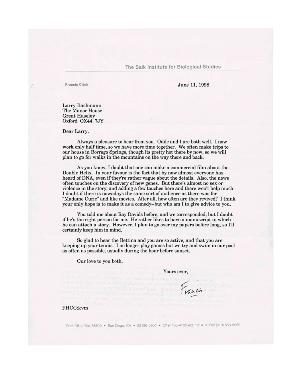 CRICK, Francis (1916-2004). Typed letter signed ('Francis') to Larry ...