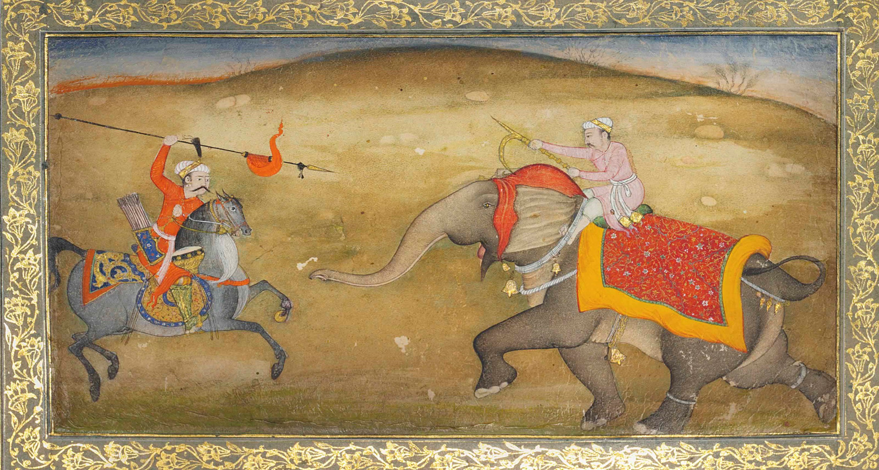 A FIGHT BETWEEN A MAHOUT AND A CAVALIER, MUGHAL INDIA, FIRST QUARTER ...