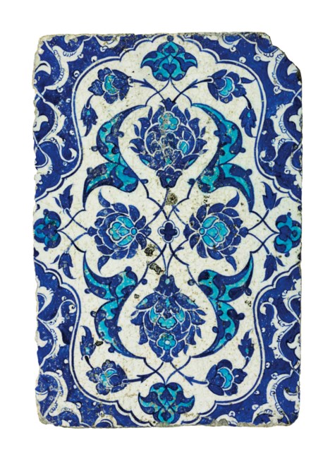 A BLUE AND WHITE IZNIK POTTERY TILE, OTTOMAN TURKEY, CIRCA 1530 ...
