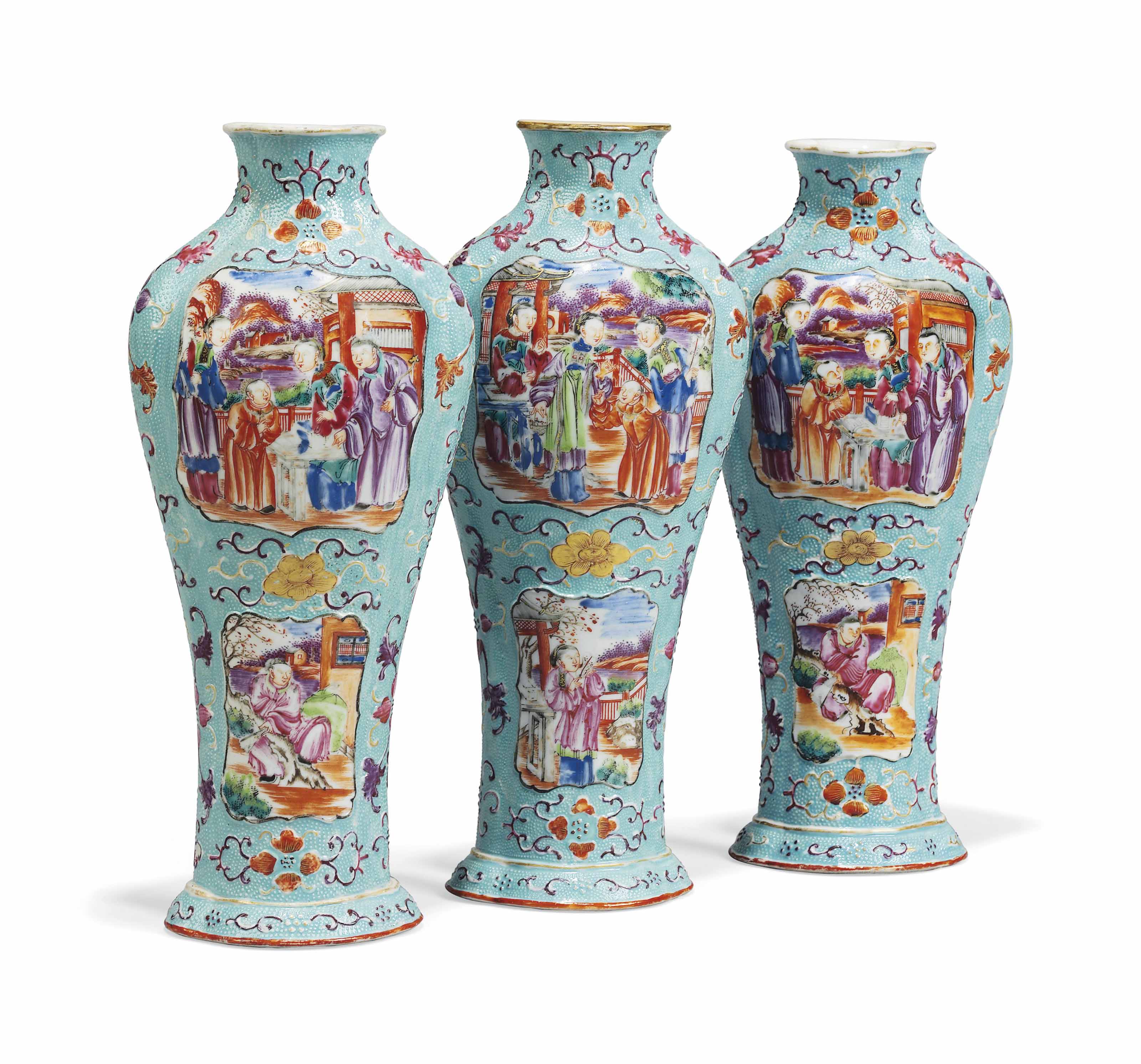 A SET OF THREE CHINESE FAMILLE ROSE 'MANDARIN-PATTERN' VASES