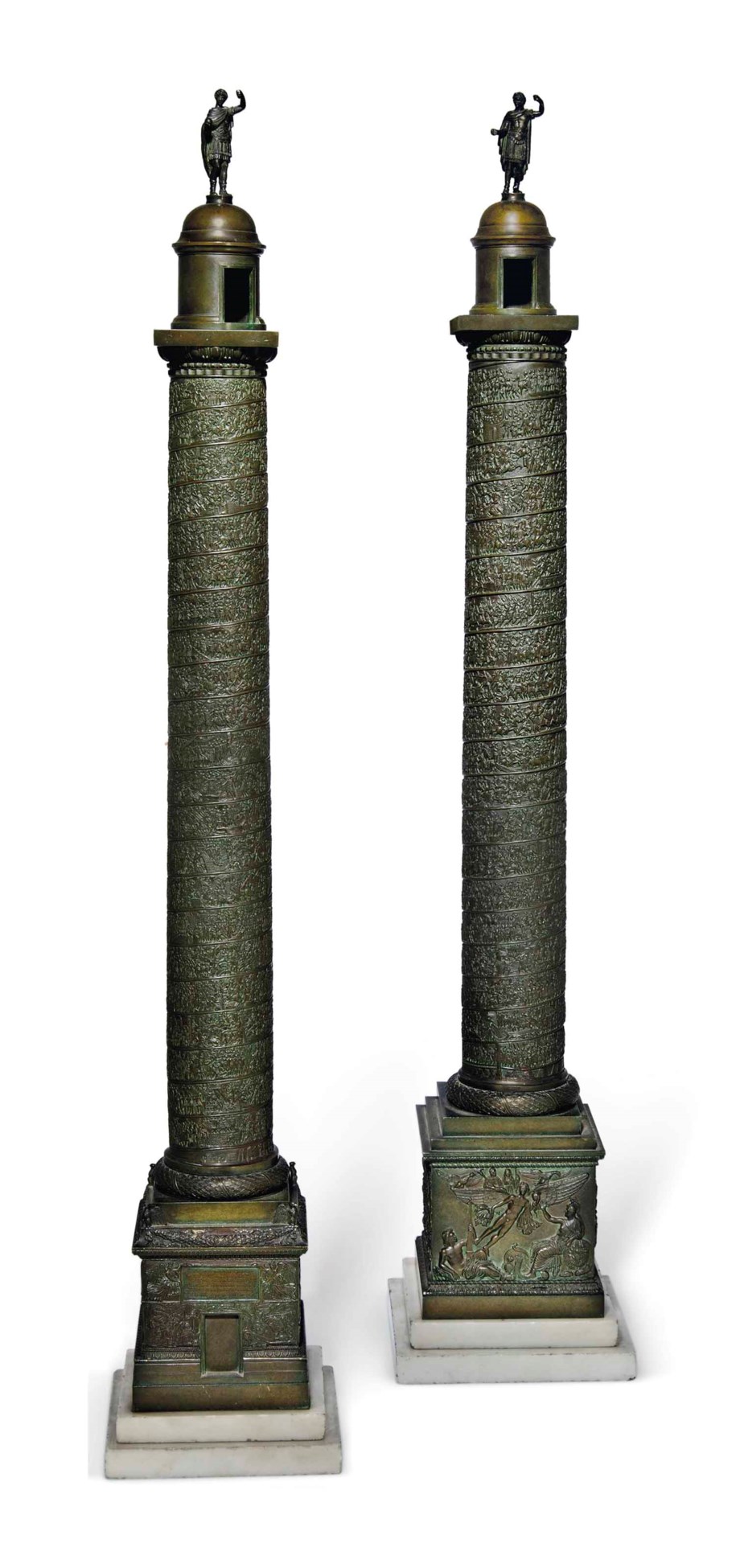 TWO PATINATED-BRONZE ROMAN VICTORY COLUMNS, POSSIBLY ITALIAN, MID-19TH ...