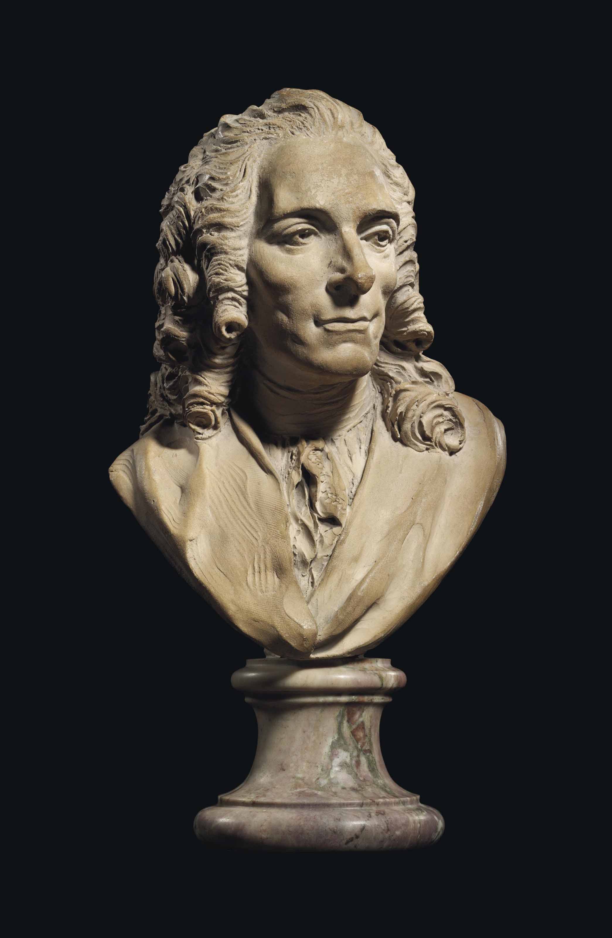 A TERRACOTTA BUST OF VOLTAIRE , ATTRIBUTED TO JEAN-JACQUES CAFFIERI ...