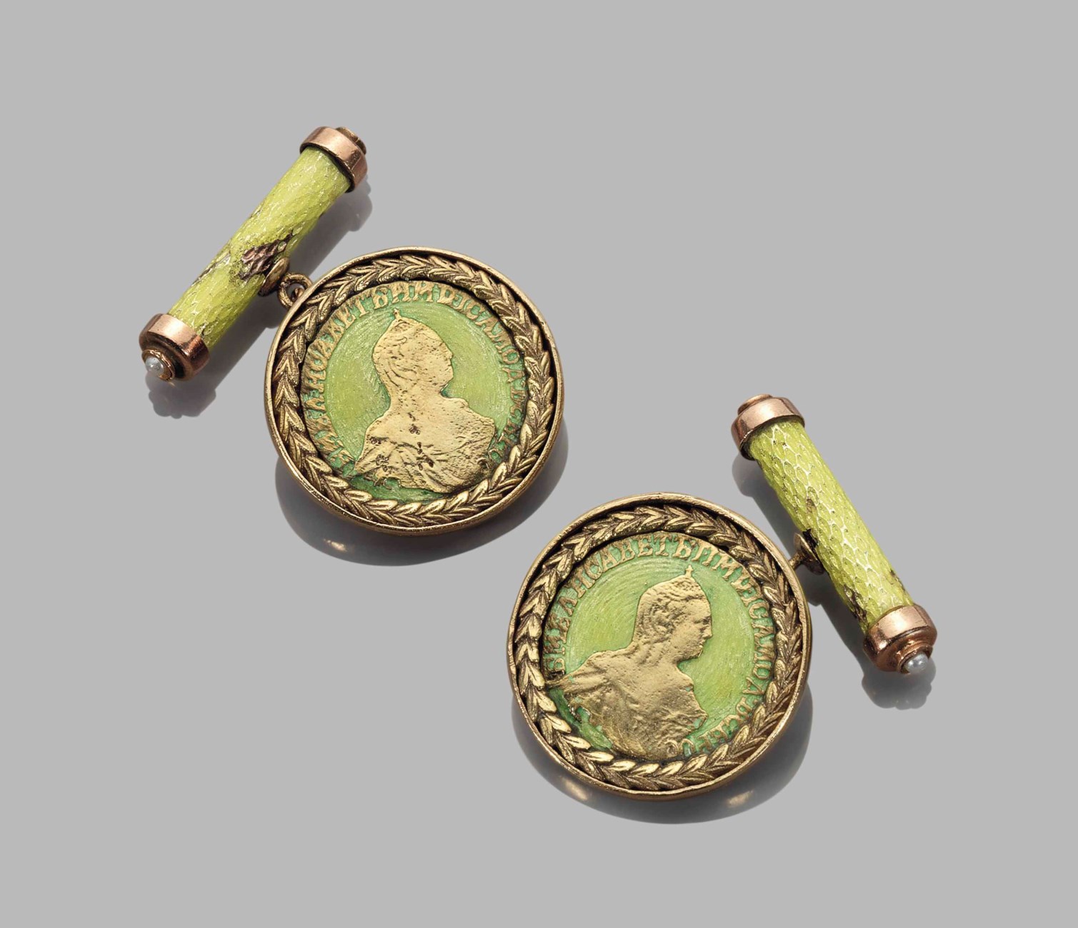 A PAIR OF FABERGE-STYLE GUILLOCHE ENAMEL GOLD CUFFLINKS, BEARING ...