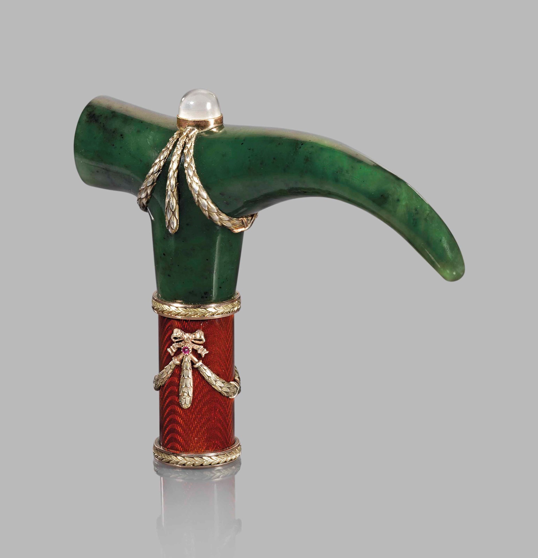 A FABERGE-STYLE JEWELLED AND GUILLOCHE ENAMEL NEPHRITE SILVER CANE ...