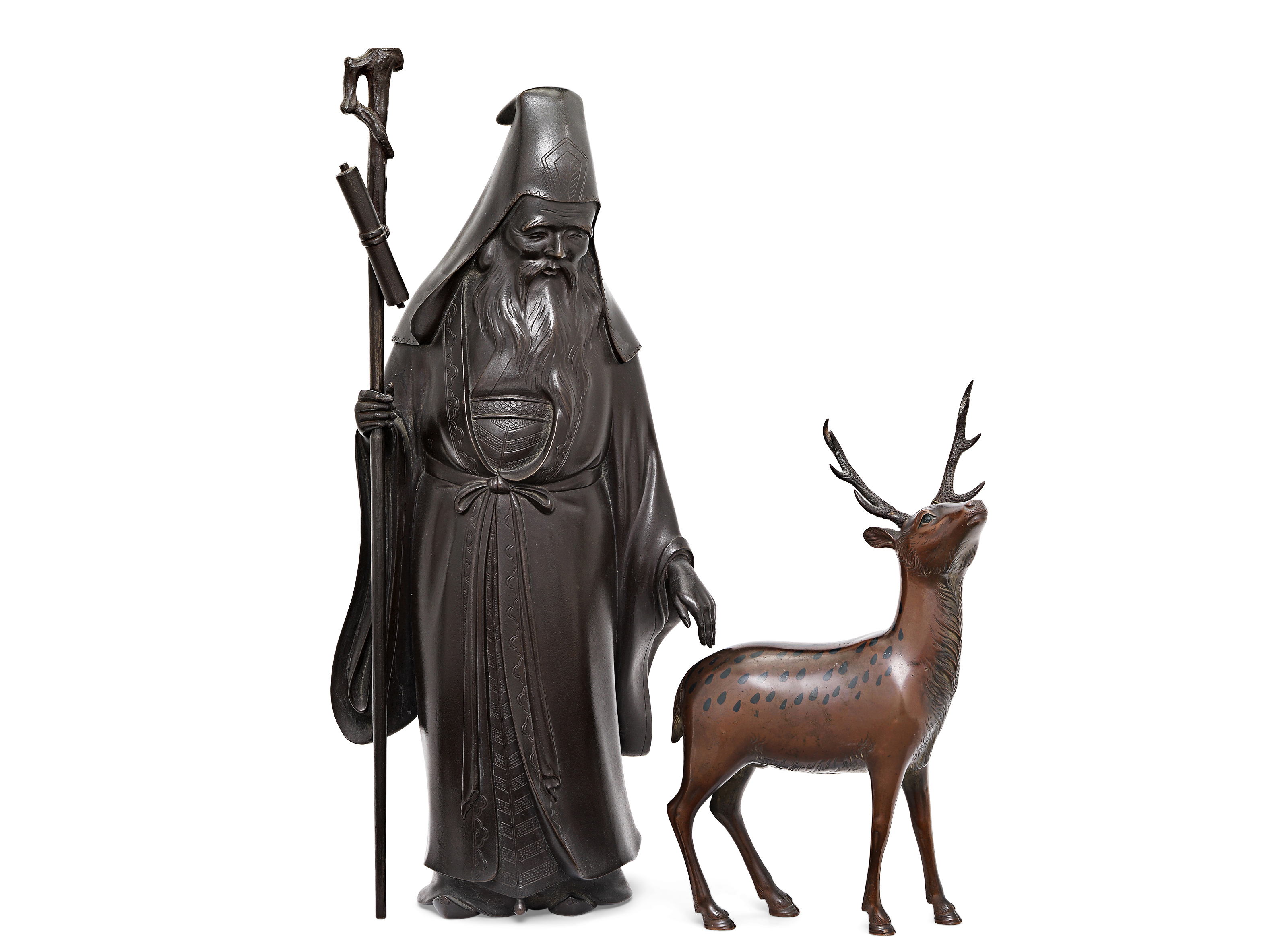 A Bronze Sculpture of Jurojin and a Stag, SIGNED KOICHI SAKU, MEIJI ...