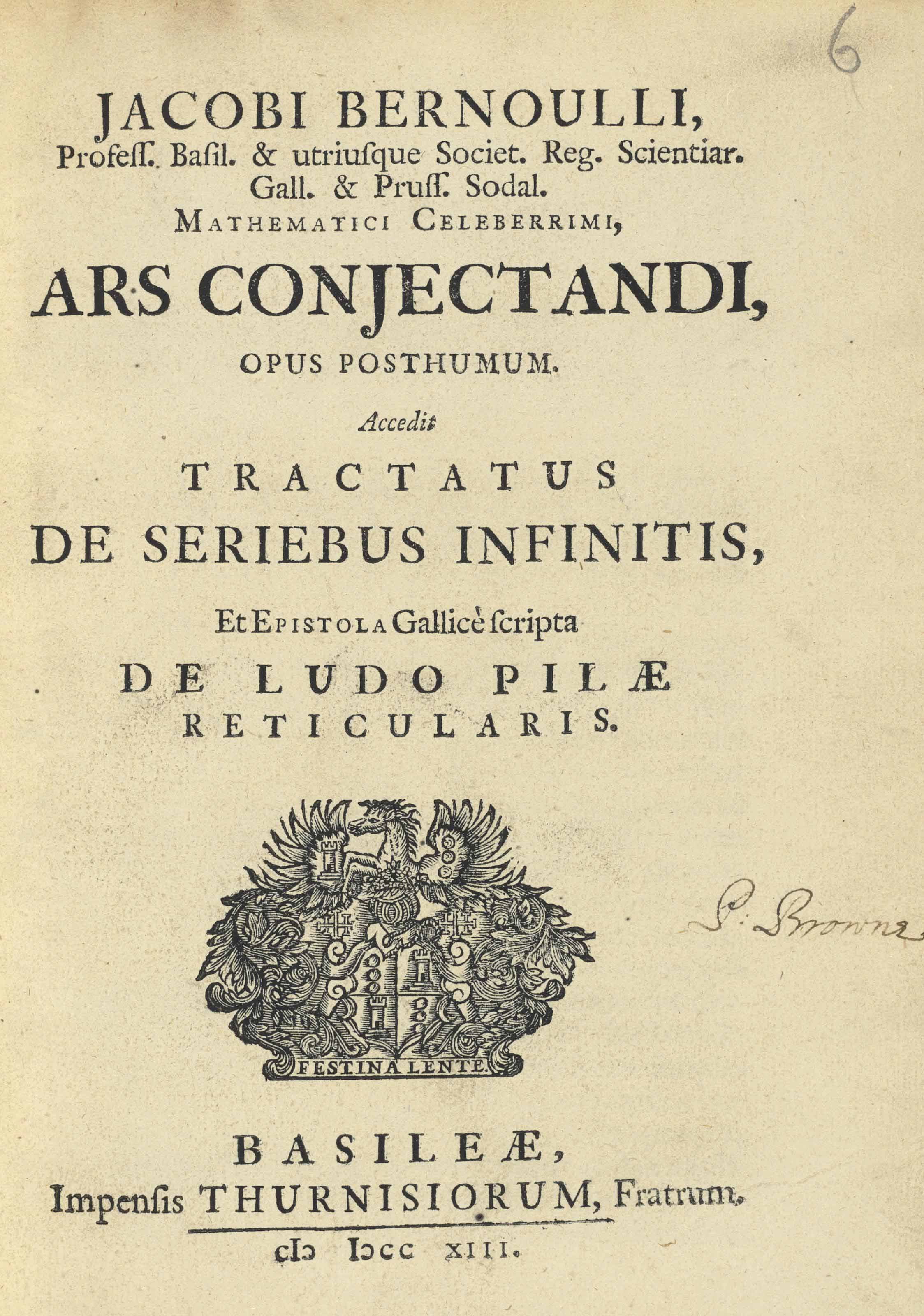 BERNOULLI, Jacob (1654-1703) Ars conjectandi, opus posthumum ...