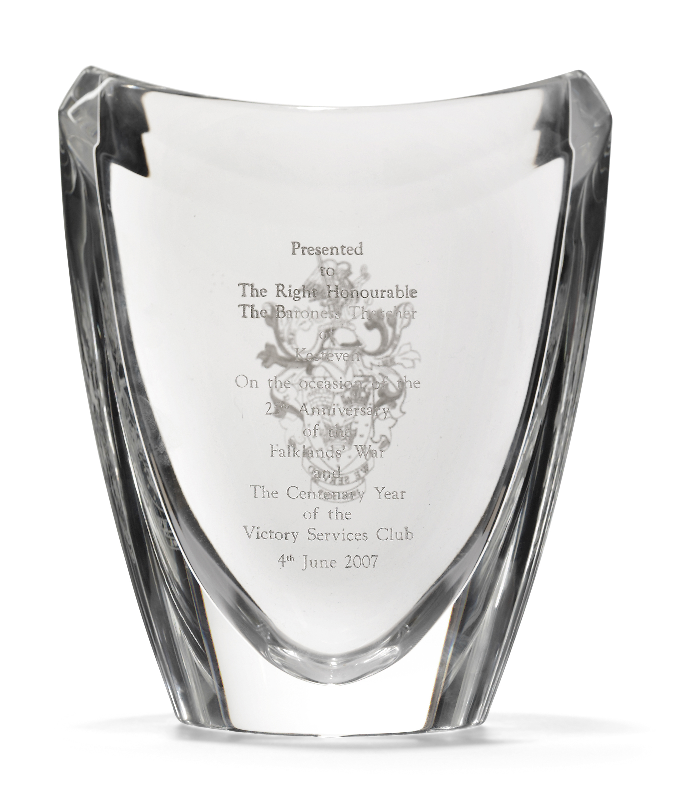 A MODERN GLASS NAVETTE-SHAPED TAPERING COMMEMORATIVE ARMORIAL VASE ...