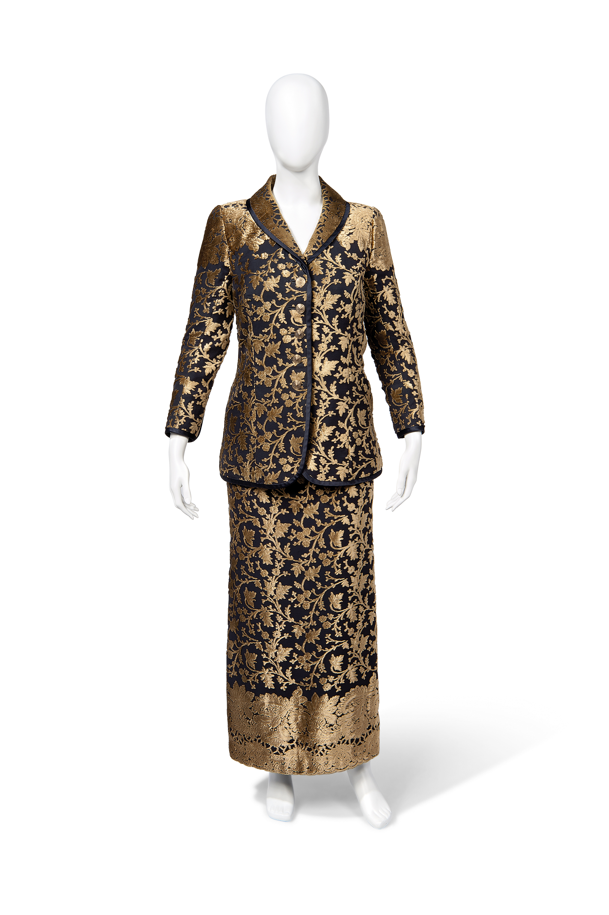AN EVENING SUIT OF AMBER AND BLACK DEVORE VELVET, BY CAMILLA MILTON ...