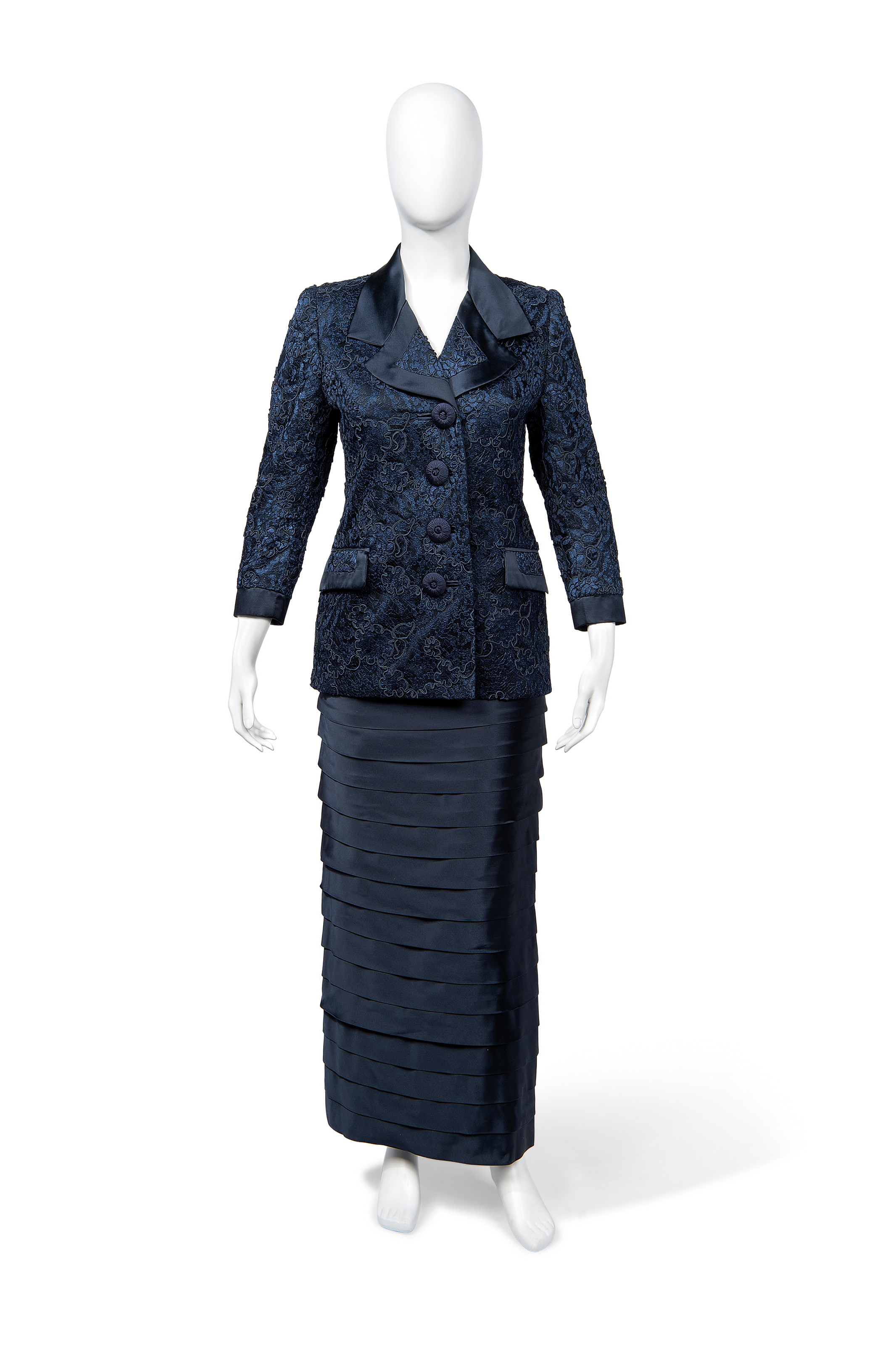 AN EVENING ENSEMBLE OF BLACK AND BLUE LACE AND SATIN, BY TOMASZ ...