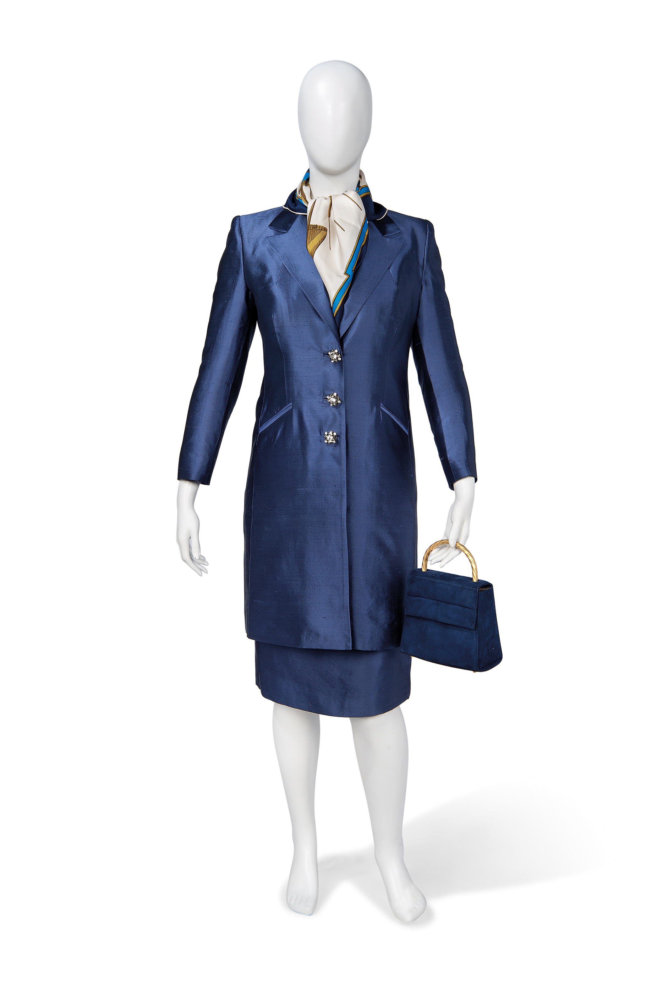 A STEEL BLUE SATIN DRESS COAT AND SKIRT, BY TOMASZ STARZEWSKI, 2000s ...