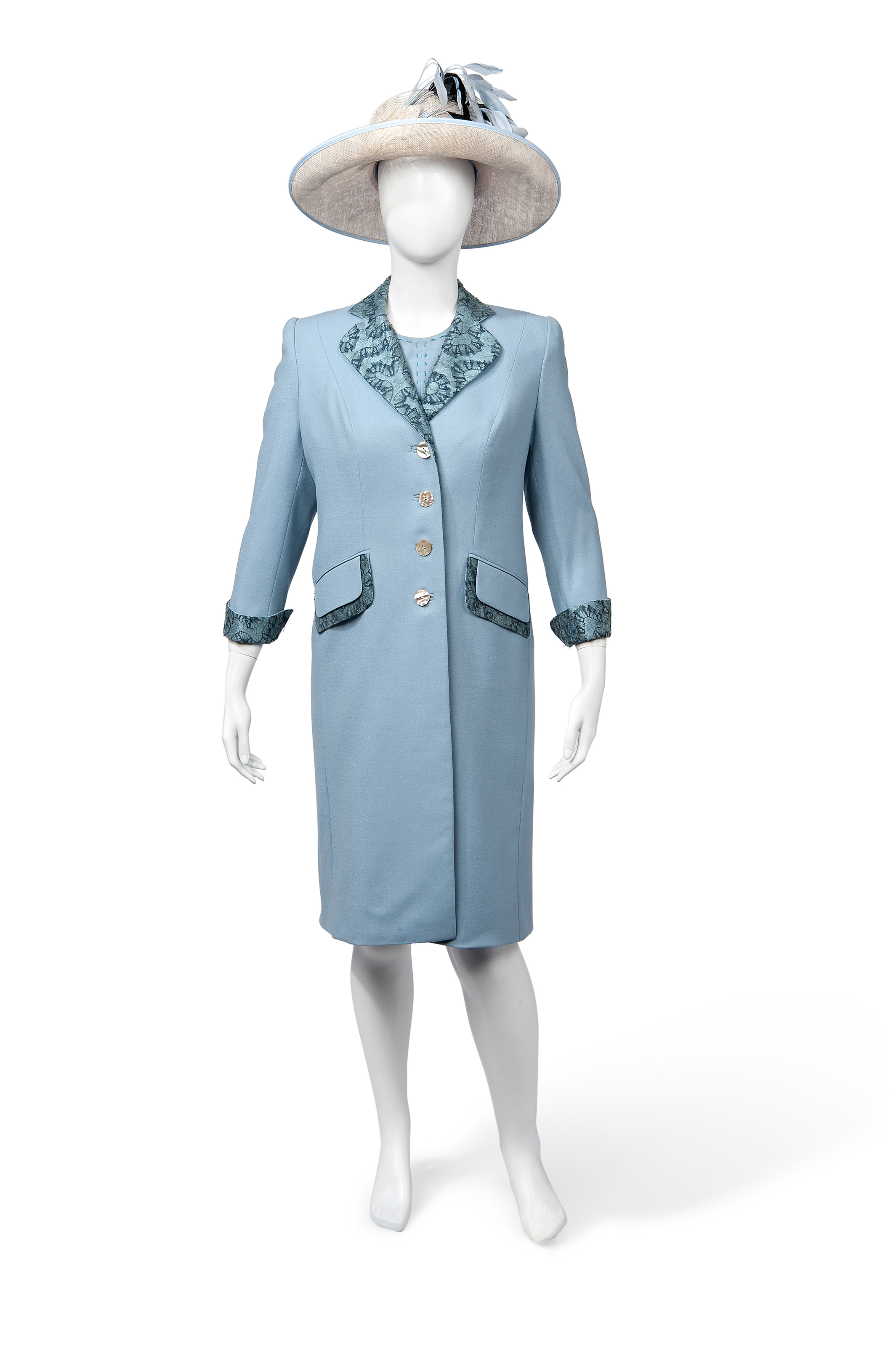 AN AFTERNOON DRESS AND COAT OF SLATE BLUE WOOL CREPE, TOMASZ STARZEWSKI ...