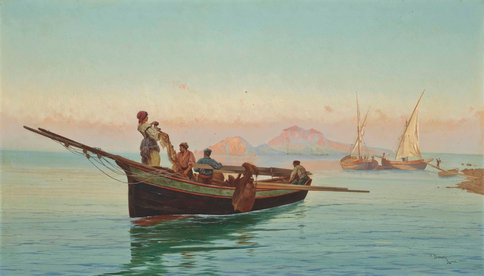 Pietro Barucci (ITALIAN, 1845-1917), Fishing vessels on the coast ...