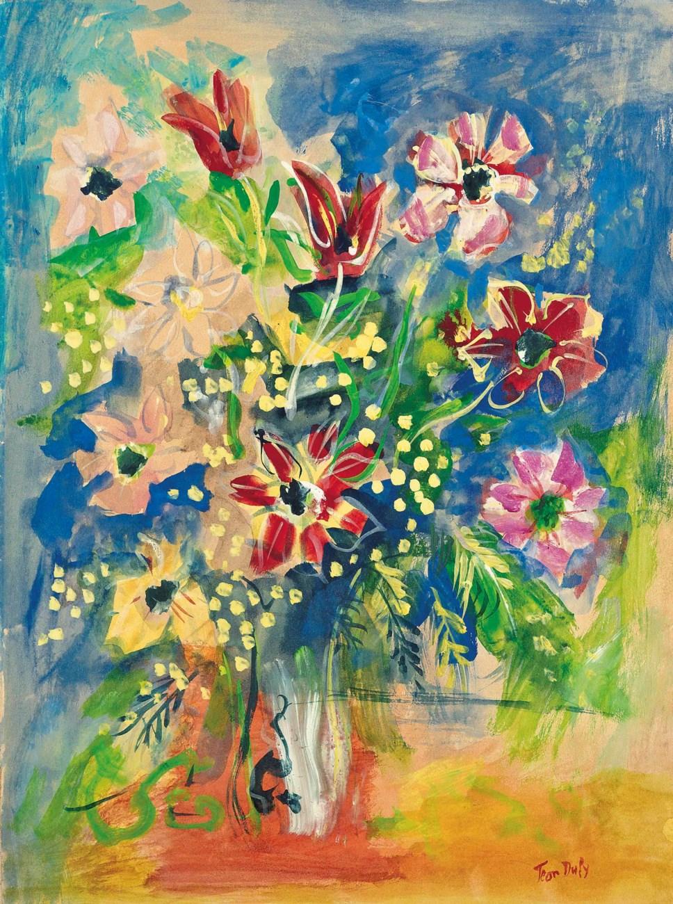 Jean Dufy (1888-1964), Bouquet d'anémones de tulipes et de mimosa ...