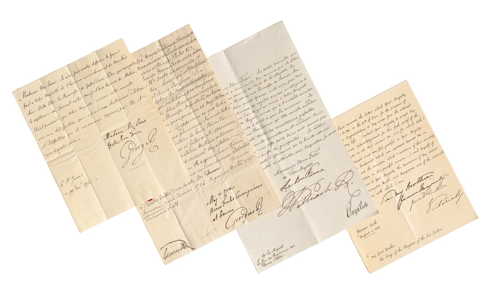 BRITISH MONARCHS]. Four letters signed to successive kings and queens ...