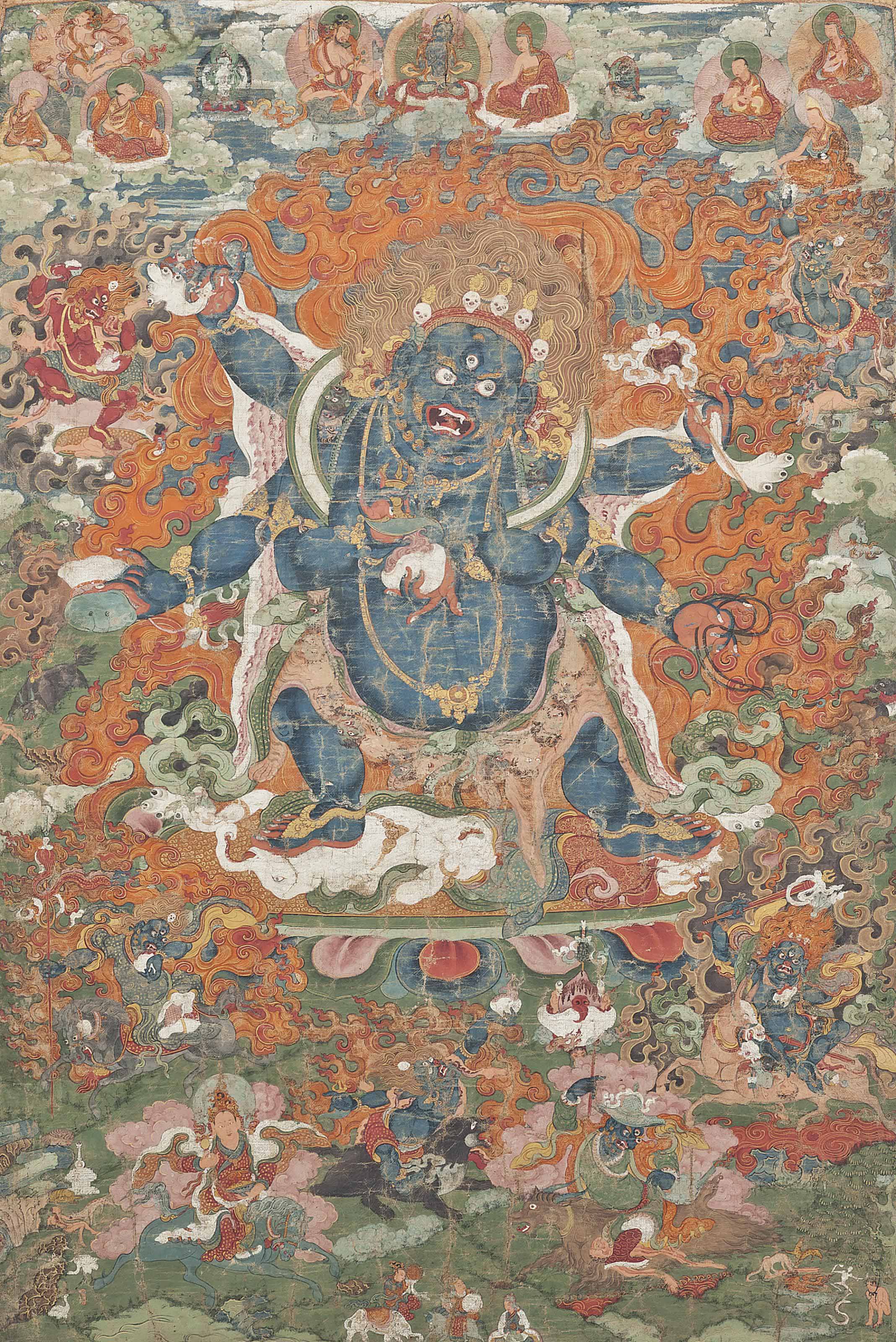 A THANGKA DEPICTING SHADBHUJA MAHAKALA