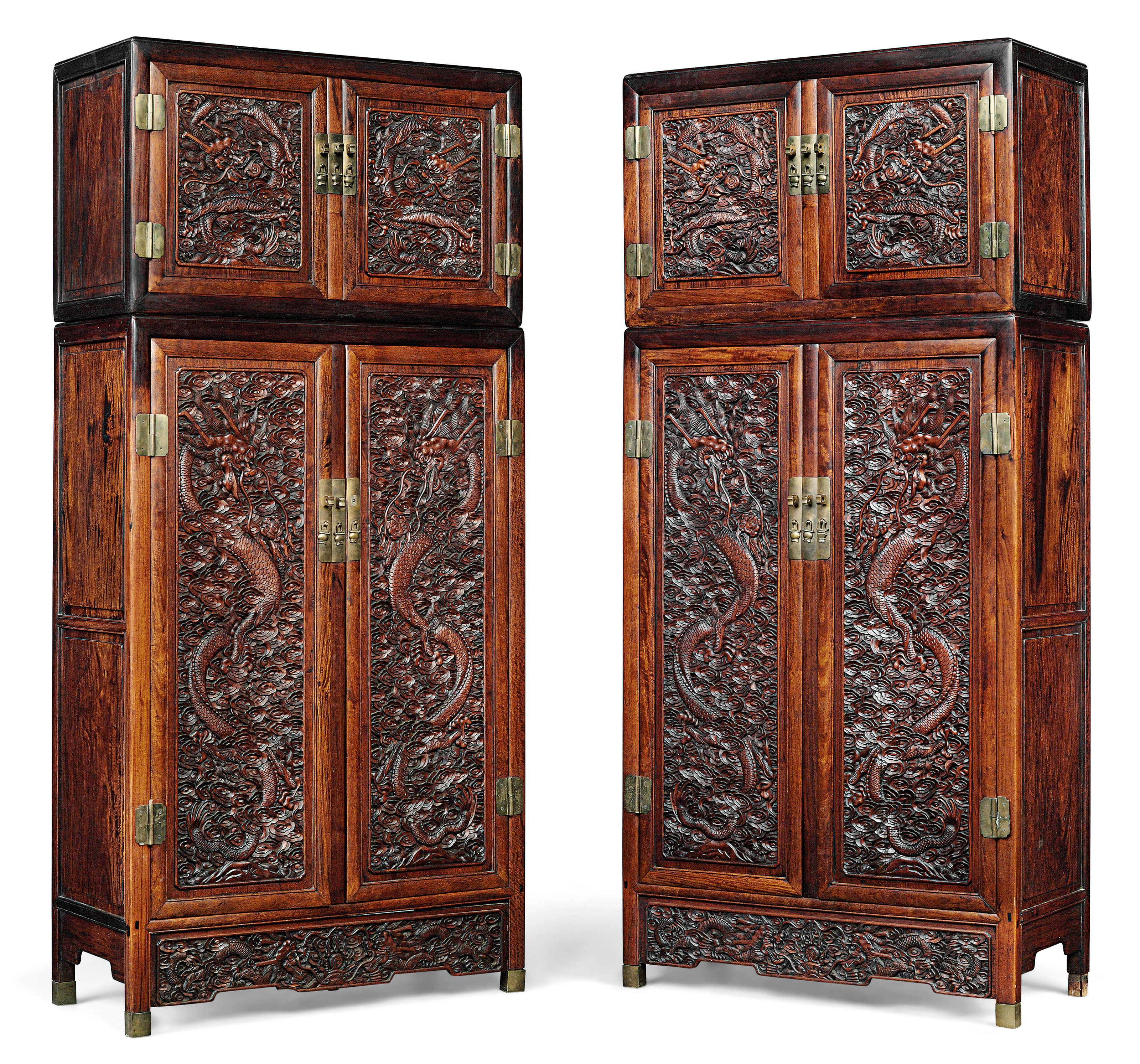 A PAIR OF LARGE 'DRAGON' ZITAN COMPOUND CABINETS AND HAT-CHESTS, SIJIANGUI