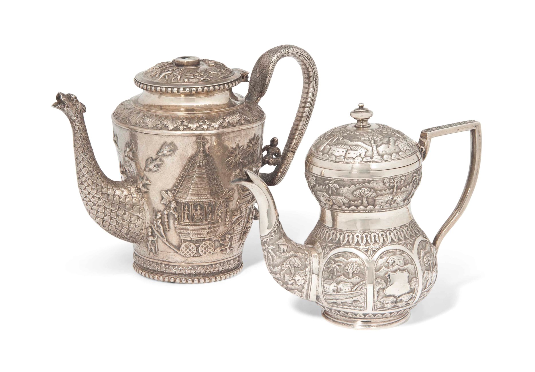 A BOMBAY THREE-PIECE TEA SET AND A MADRAS COFFEE POT, INDIA, SECOND ...